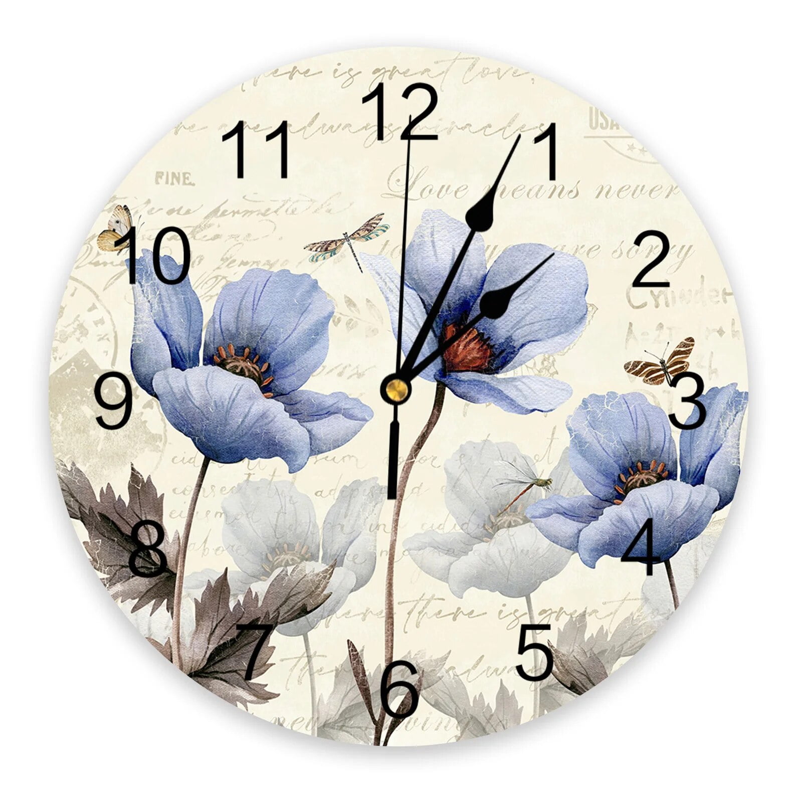 Rustic Vintage Blue Flower Dragonfly Butterfly Wall Clock Modern Design Living Room Decoration ...