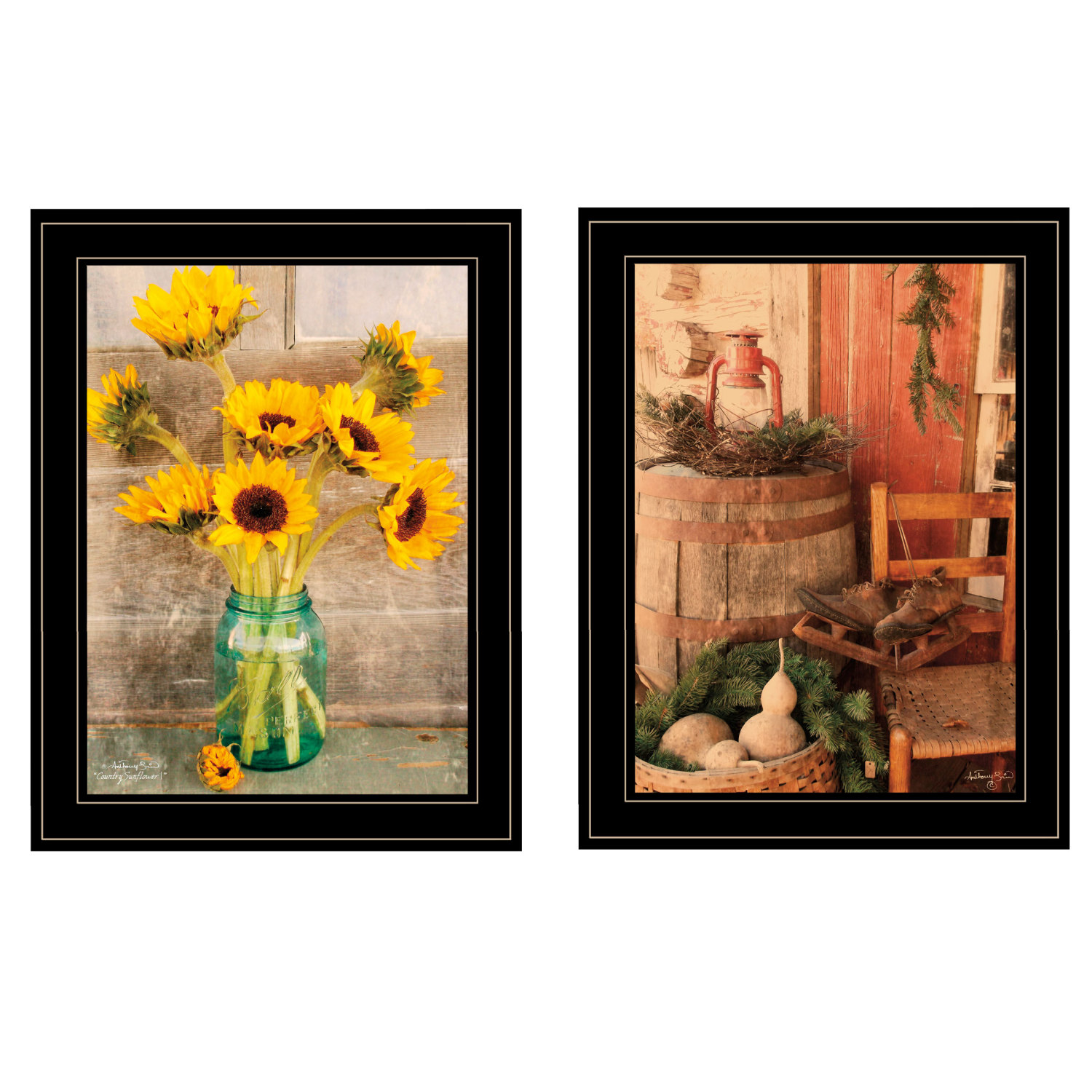Rustic Vintage Country Sunflowers 2-Piece Vignette with Charming Black ...