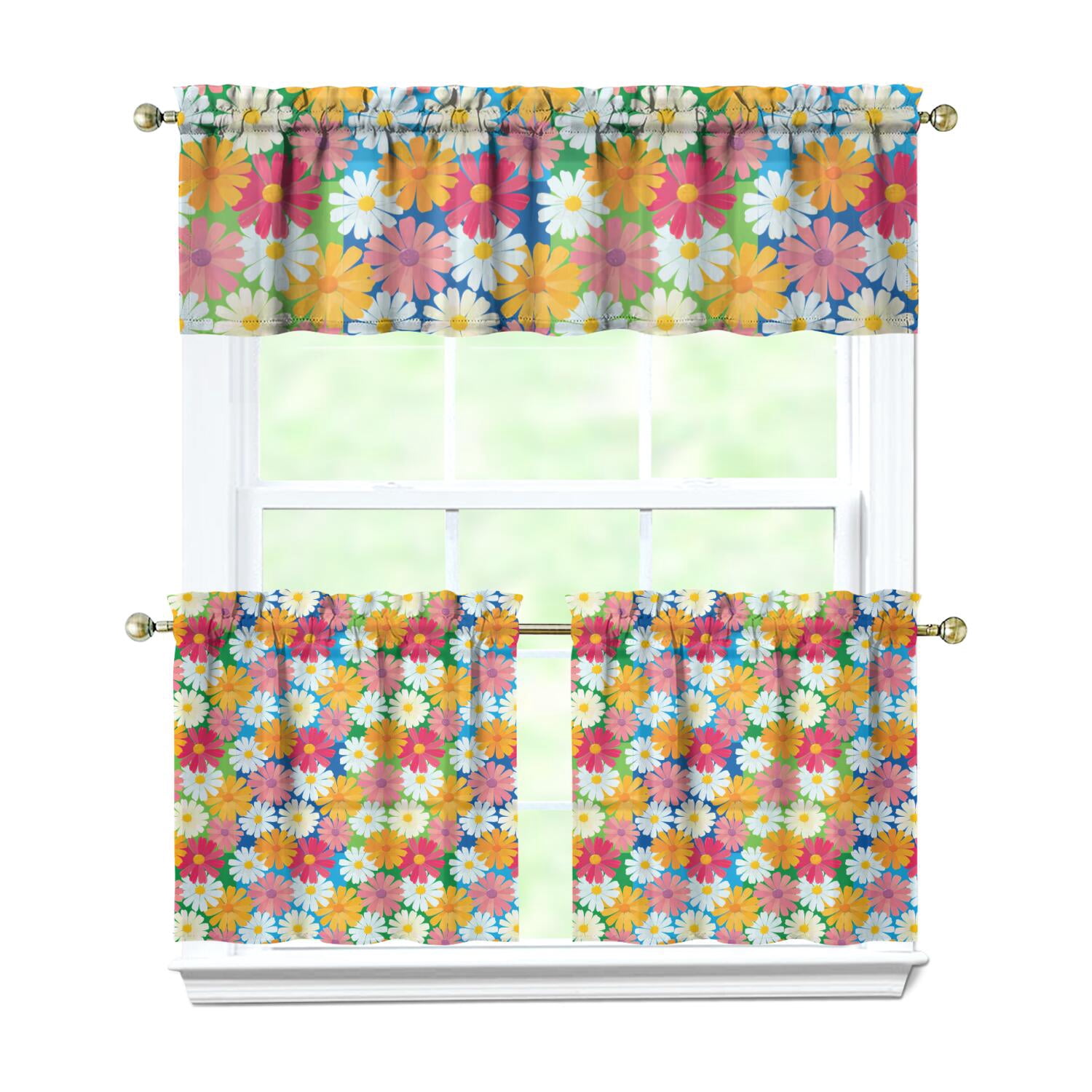 Rustic Vintage Curtains 24 Inch - 3 Panel Wildflower Farmhouse Set with ...