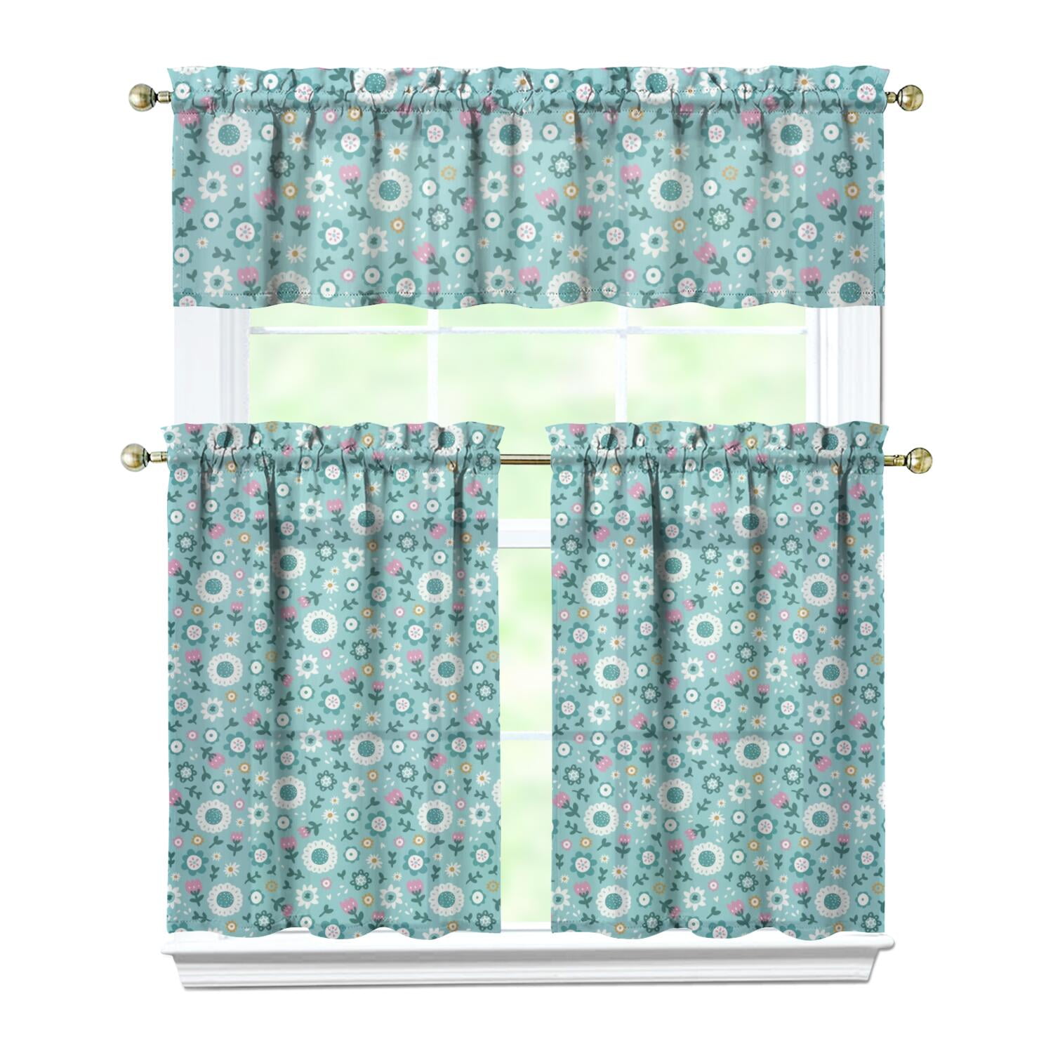 Rustic Vintage Curtains 36 Inch - 3 Panel Wildflower Farmhouse Set with ...