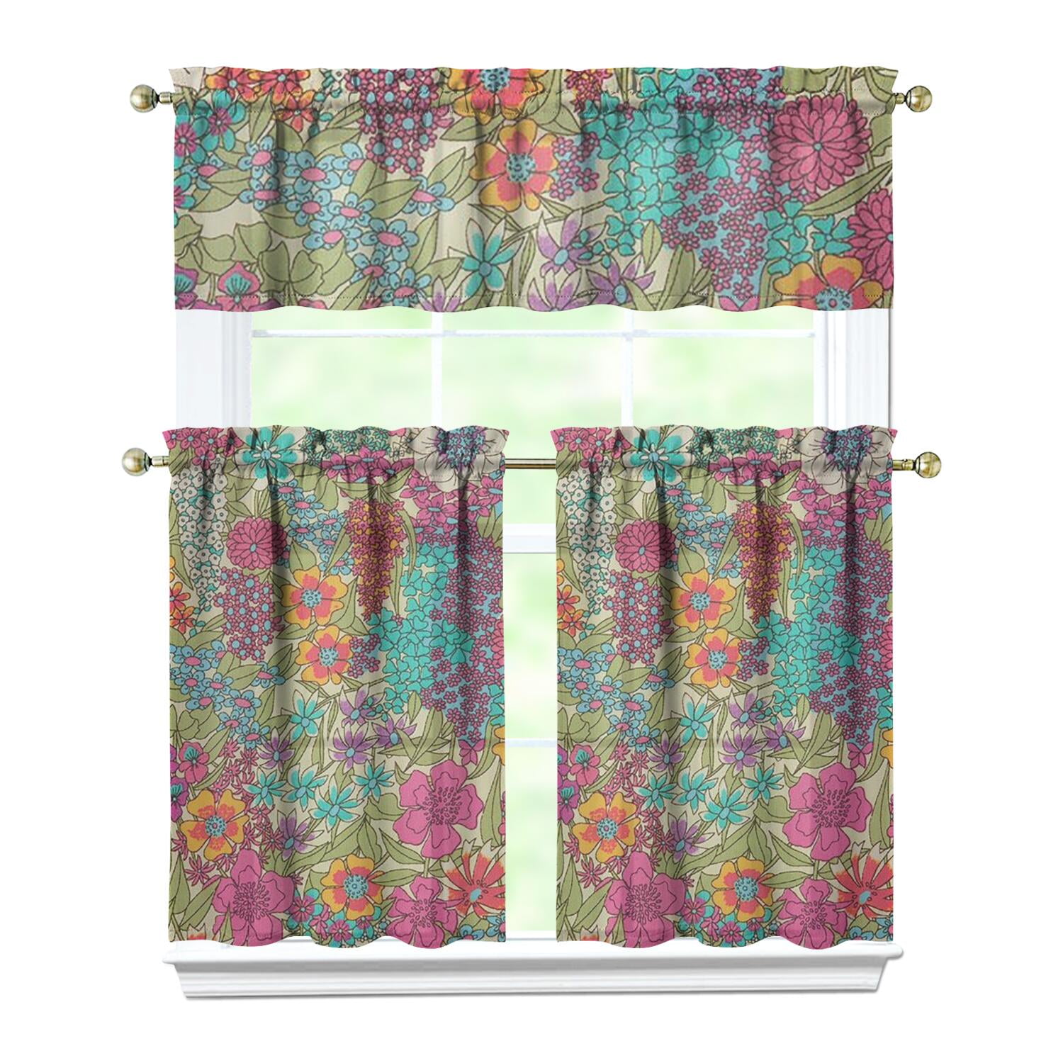 Rustic Vintage Curtains 36 Inch - 3 Panel Wildflower Farmhouse Set with ...