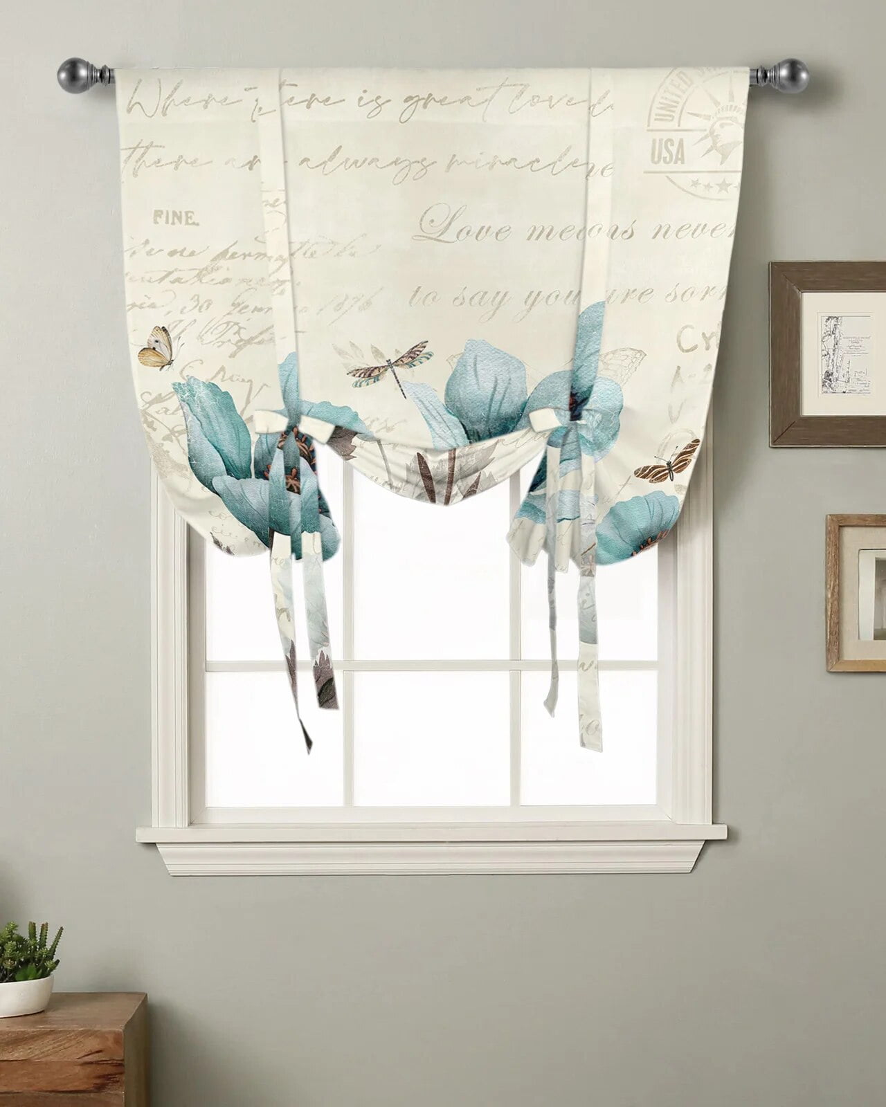 Rustic Vintage Green Floral Dragonfly Butterfly Kitchen Short Window ...
