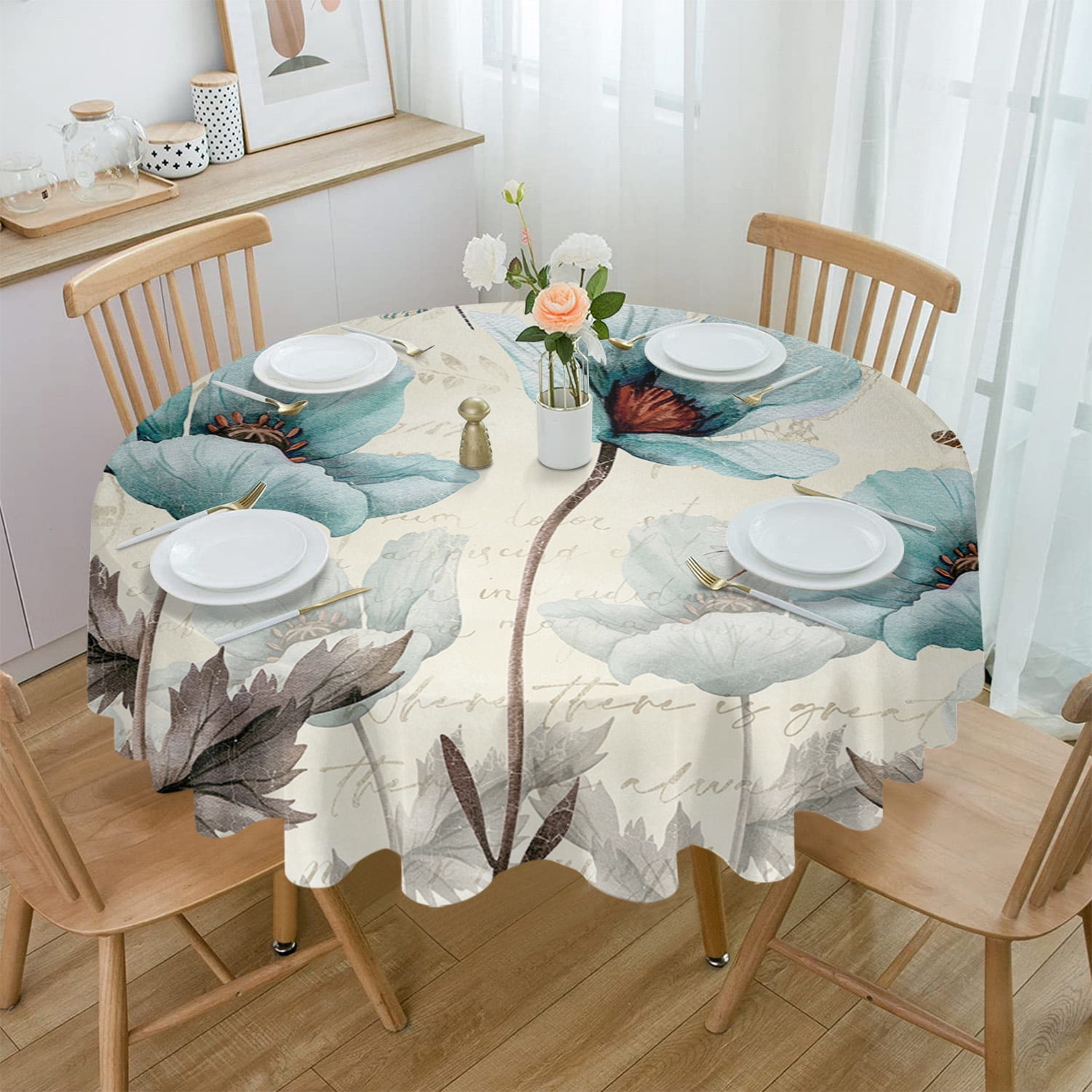 Rustic Vintage Green Floral Dragonfly Round Tablecloth Party Kitchen Dinner Table Cover Holiday ...