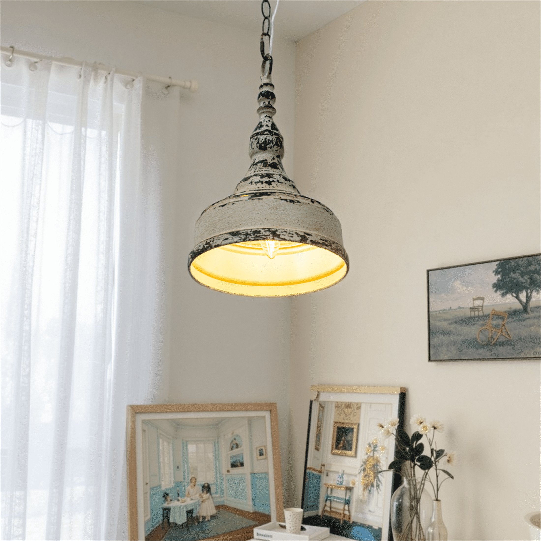 Rustic Pendant Light Fixture in Distressed Cream and Black Finish, Vintage Style Dome Shade, 9. ...