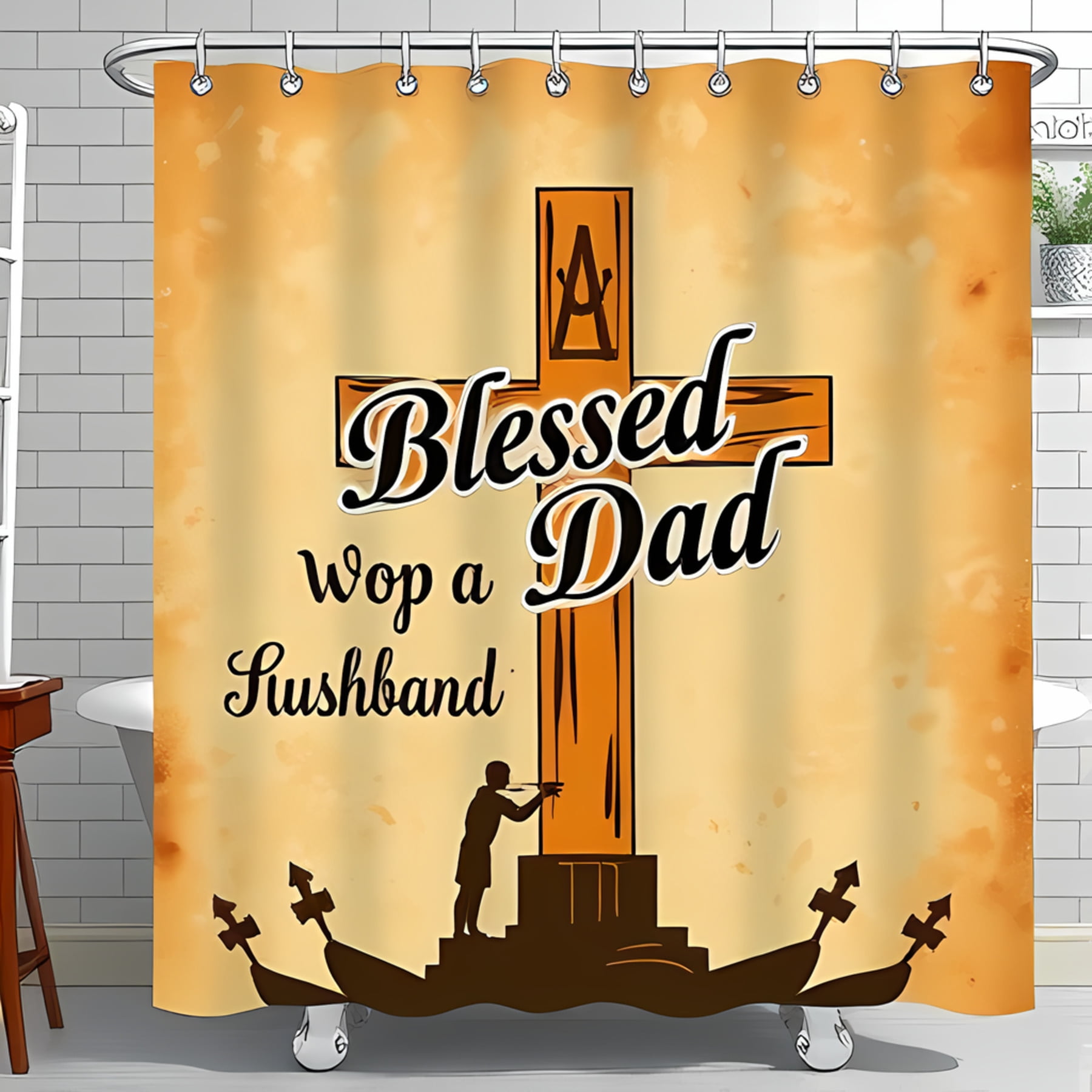 Rustic Vintage Shower Curtain with Wooden Cross & 'Blessed Dad' Text ...