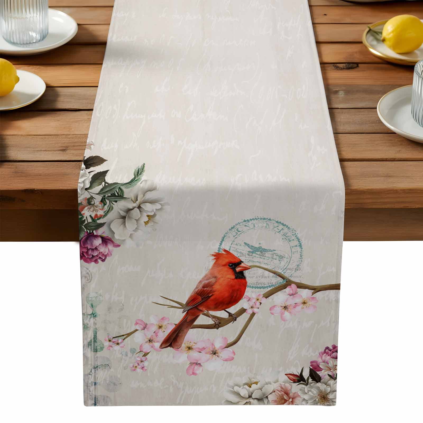 Rustic Vintage Table Runner, Bird Cherry Blossom Flower Branch Cotton ...