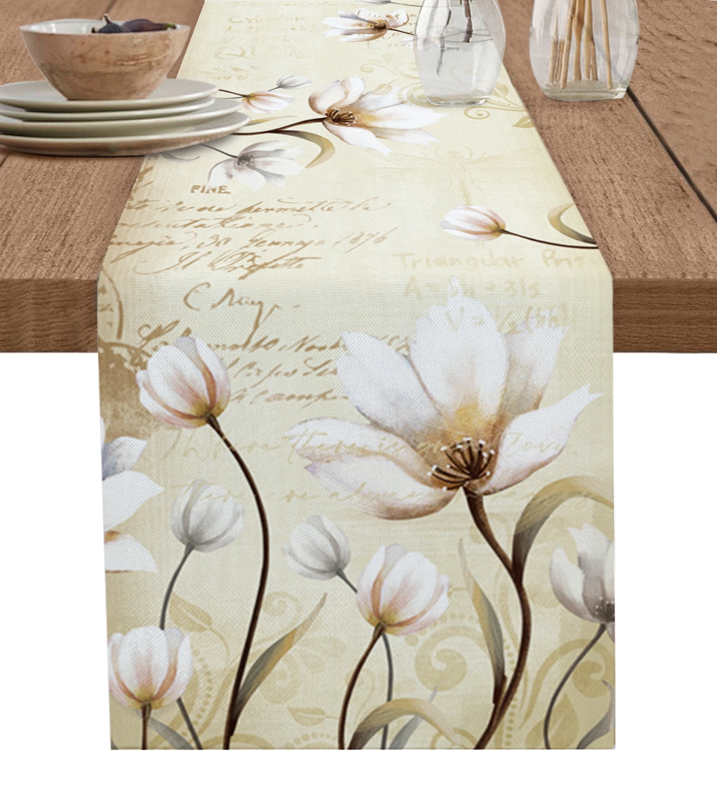 Rustic Vintage Tulips Flowers Table Runner Wedding ration Cotton Linen ...