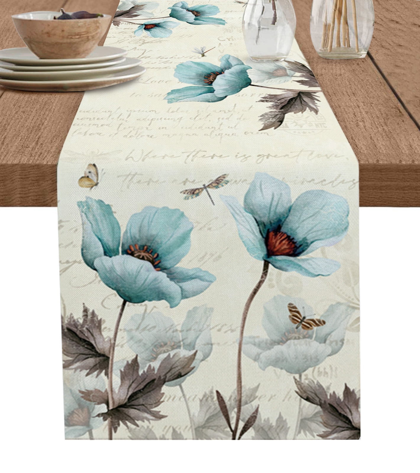 Rustic Vintage Tulips Flowers Table Runner Wedding ration Cotton Linen ...
