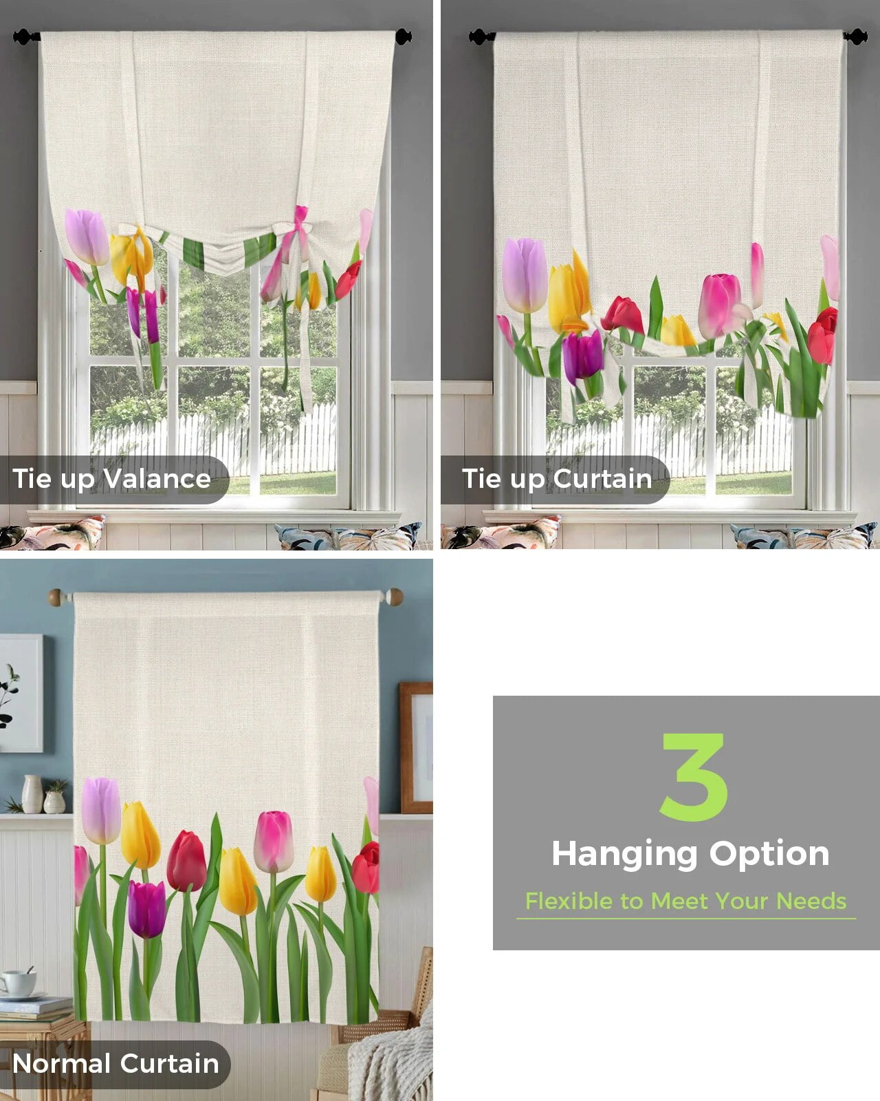 Rustic Vintage Tulips Flowers Window Curtain for Living Room Kitchen ...