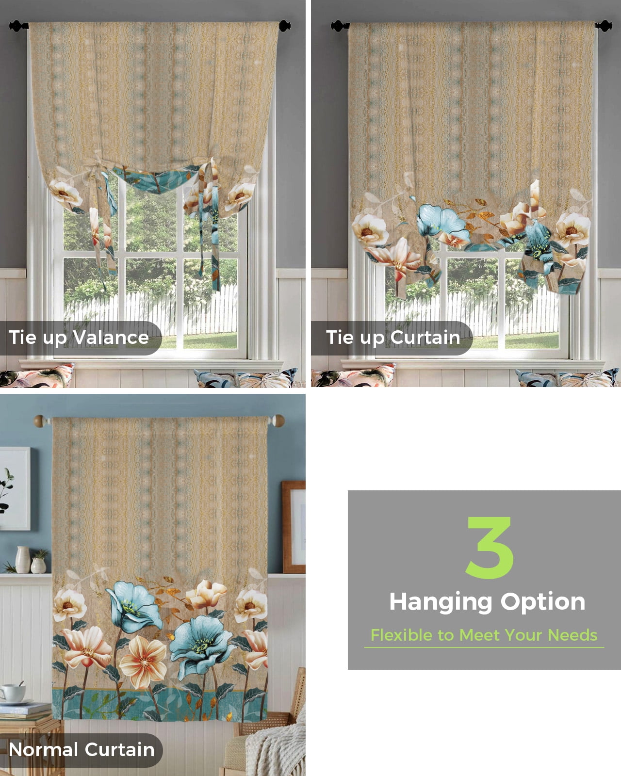 Rustic Vintage Tulips Flowers Window Curtain for Living Room Kitchen Tie-up Roman Curtain Home r ...