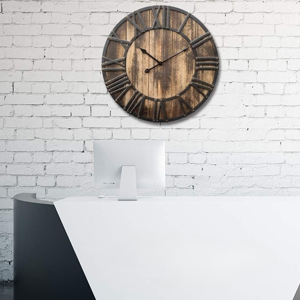 Rustic Wall Clock 24 inch Round Wooden Clock 3D Roman Numeral Farmhouse ...
