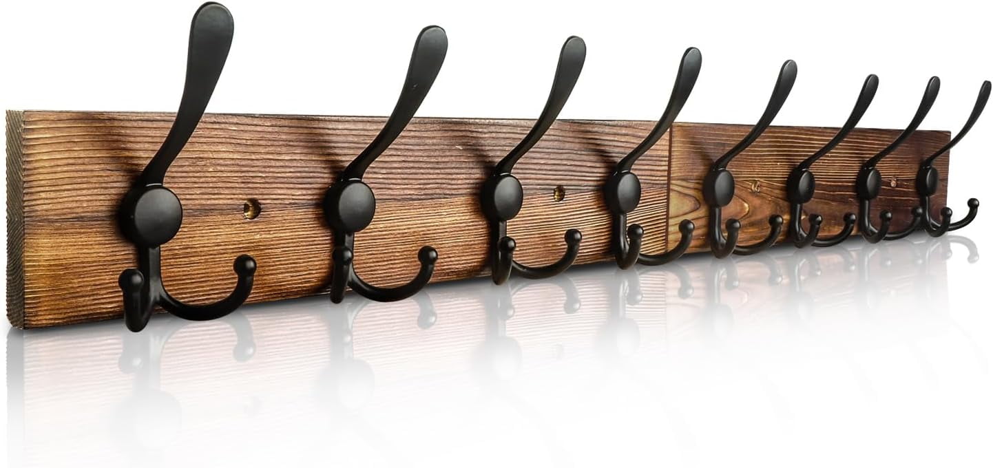 Rustic Wall Mounted Coat Hook with 4 Farmhouse Hooks - Solid Pine Wood ...
