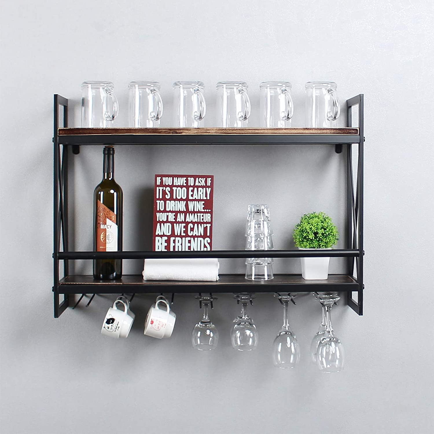 Rustic Wall Mounted Wine Racks with 7 Stem Glass Holder,30in Industrial ...