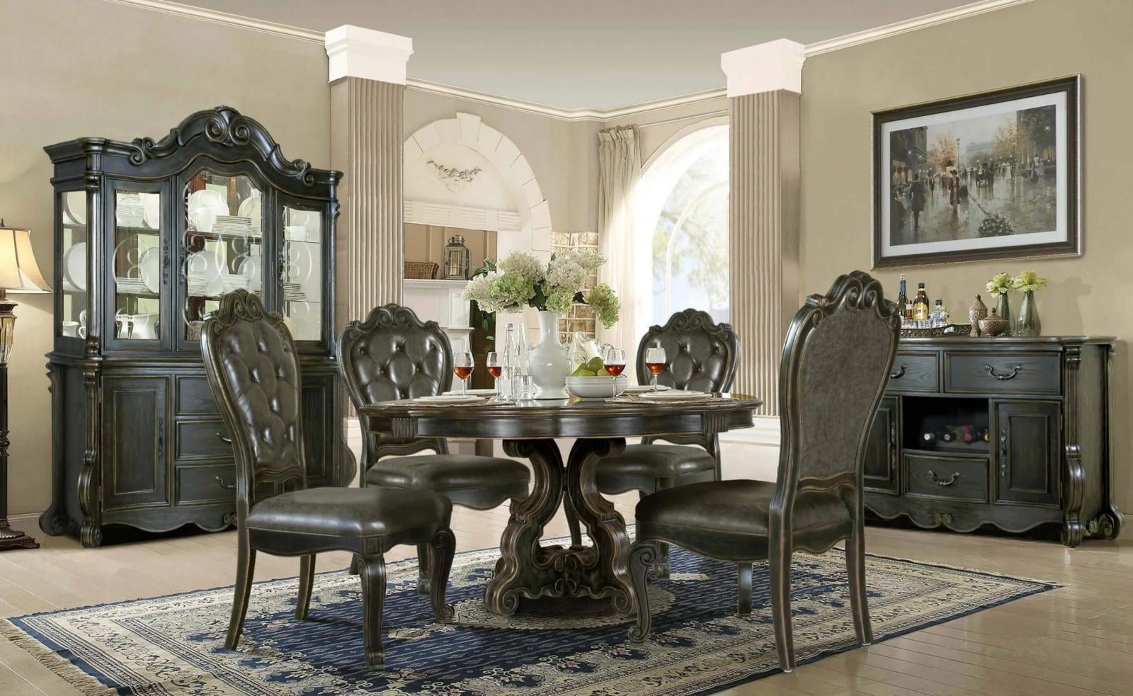 Rustic Walnut 60" Round Dining Table Set 7P w/China McFerran D524-6060 ...