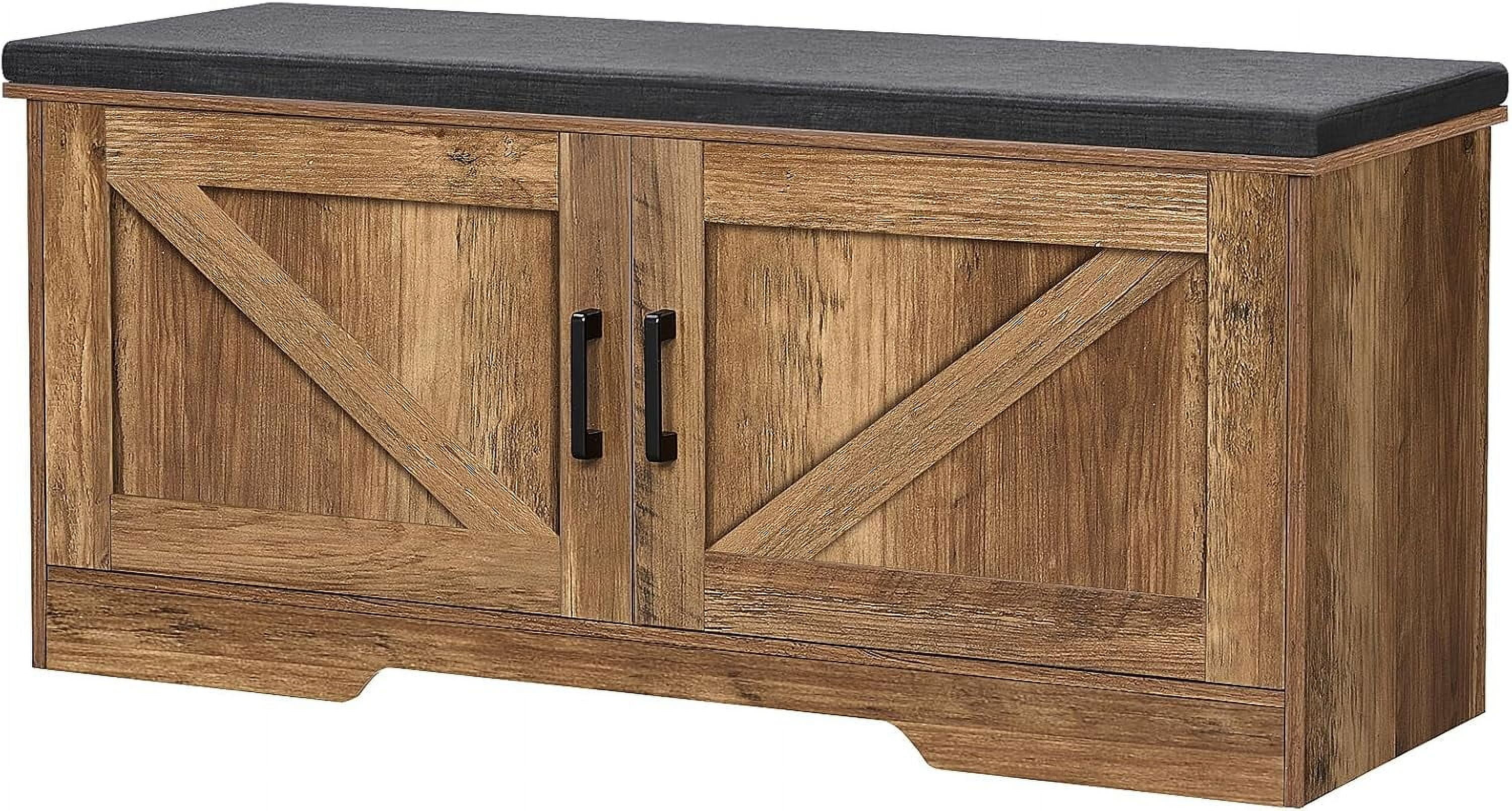 Rustic Walnut Storage Bench - 2-Tier Entryway Organizer with Barn Doors ...