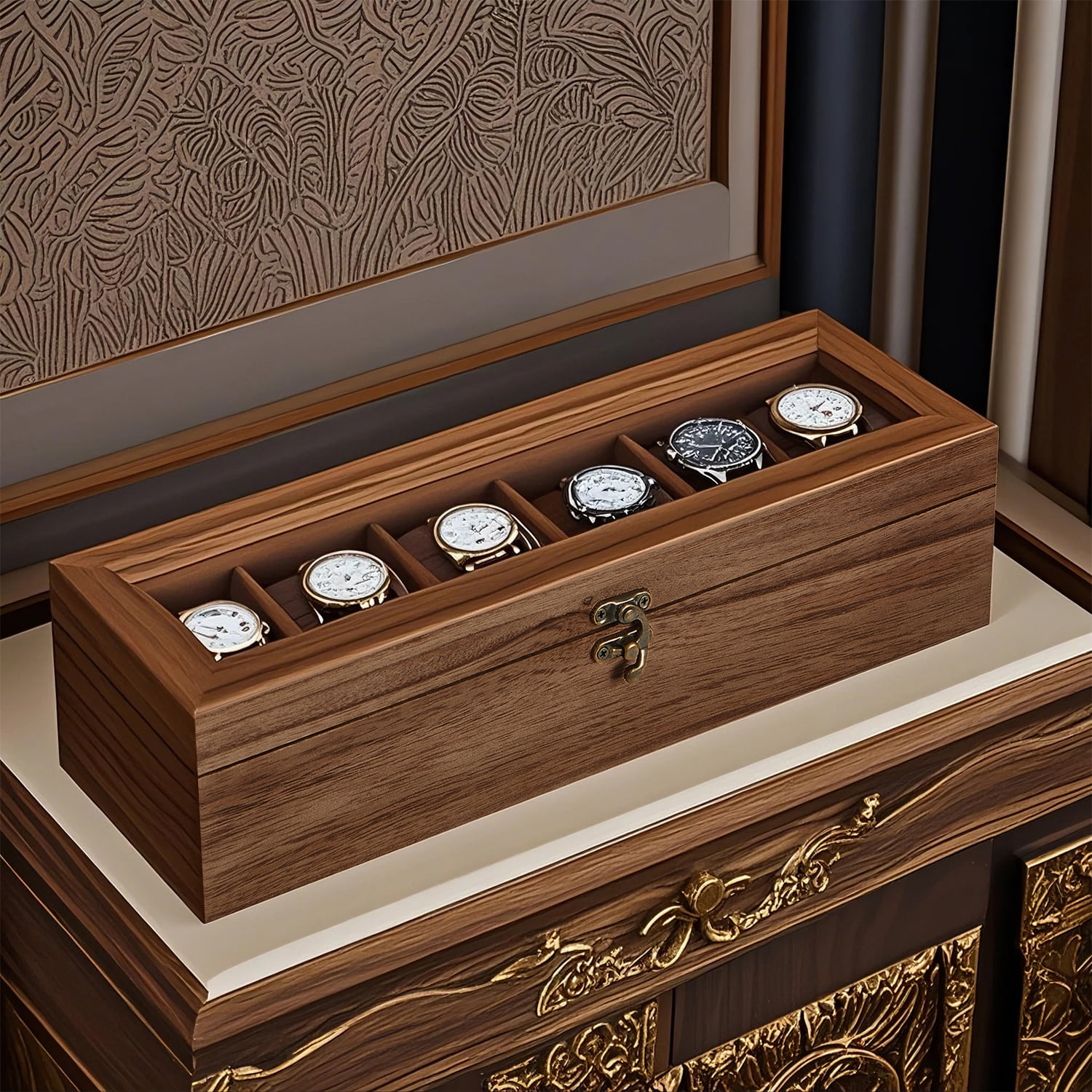 Rustic Walnut Watch Box, 6-Slot Solid Wood Watch Case with Glass Lid ...