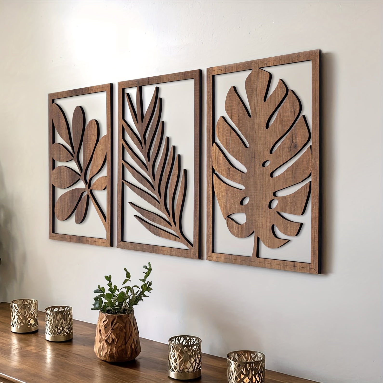 Rustic Walnut Wooden Wall Sculptures Set of 3 Oak Home Decor Accent ...