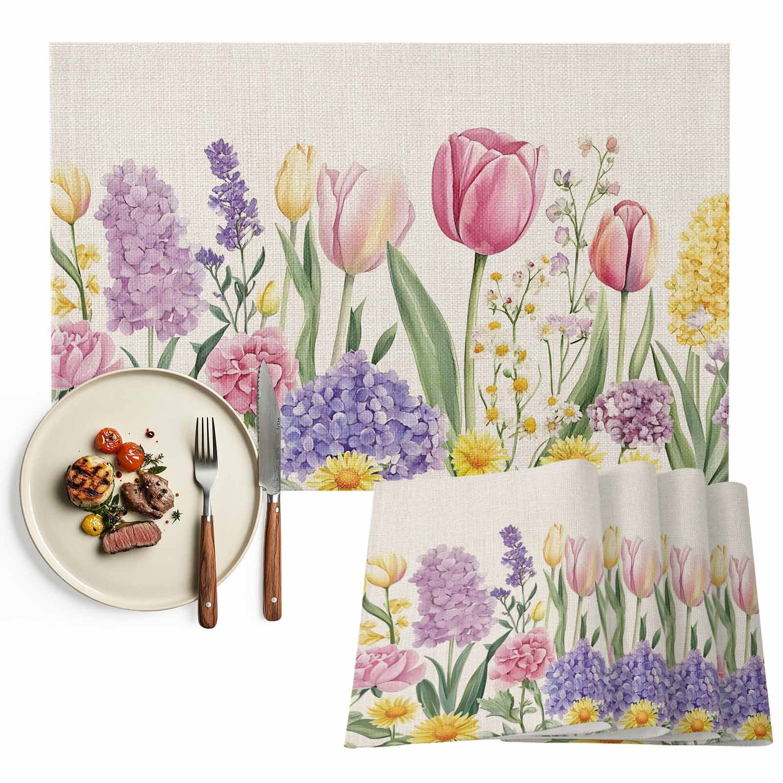 Rustic Watercolor Floral Placemats Set of 6, Tulip Hydrangea Table Mats ...