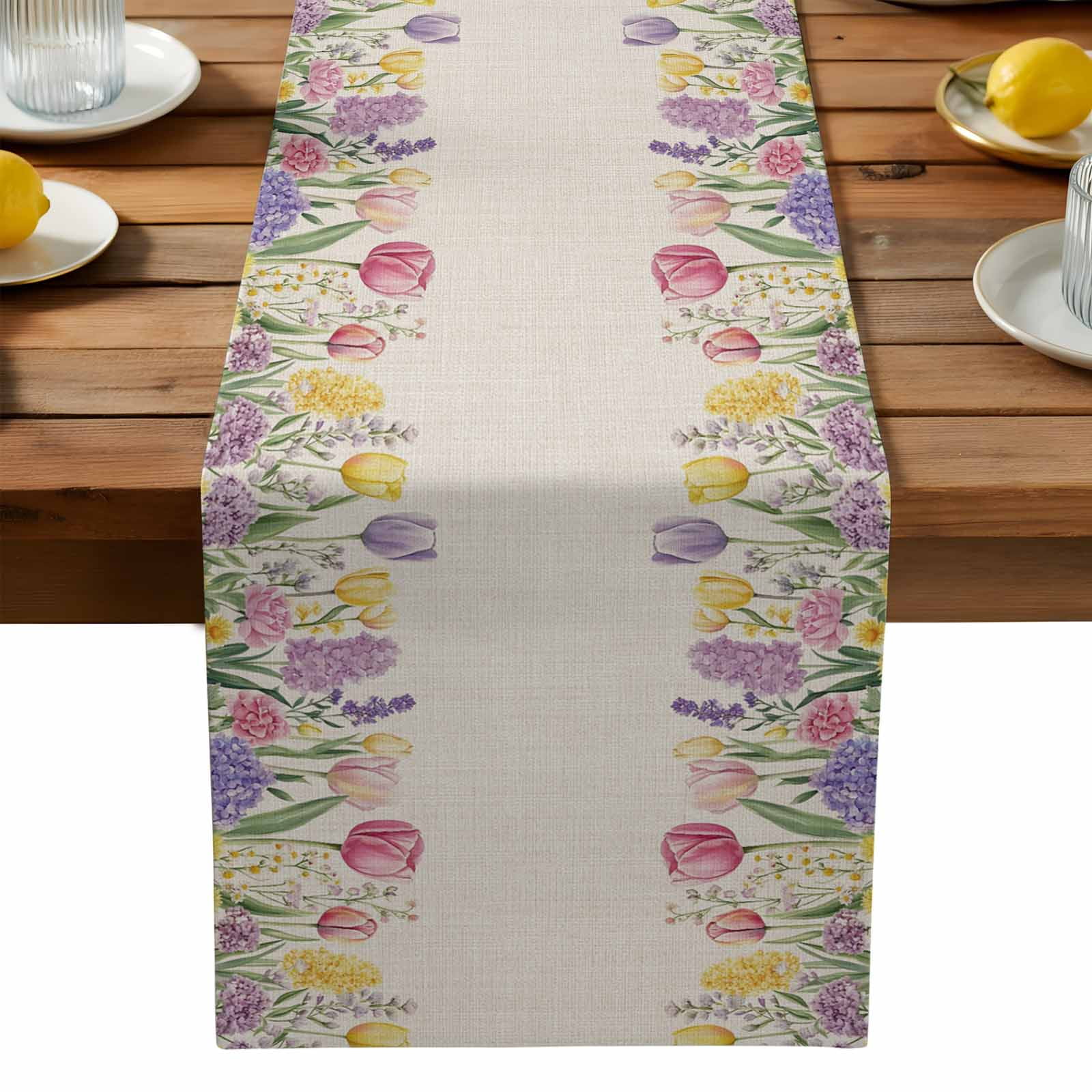 Rustic Watercolor Floral Table Runner, Tulip Hydrangea Cotton Linen ...