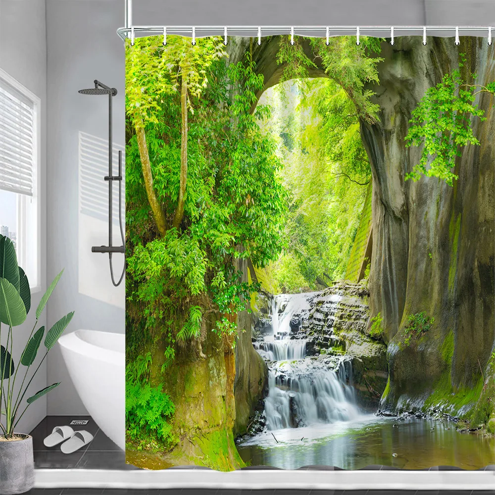 Rustic Waterfall Landscape Shower Curtains Forest White Crane Birds ...