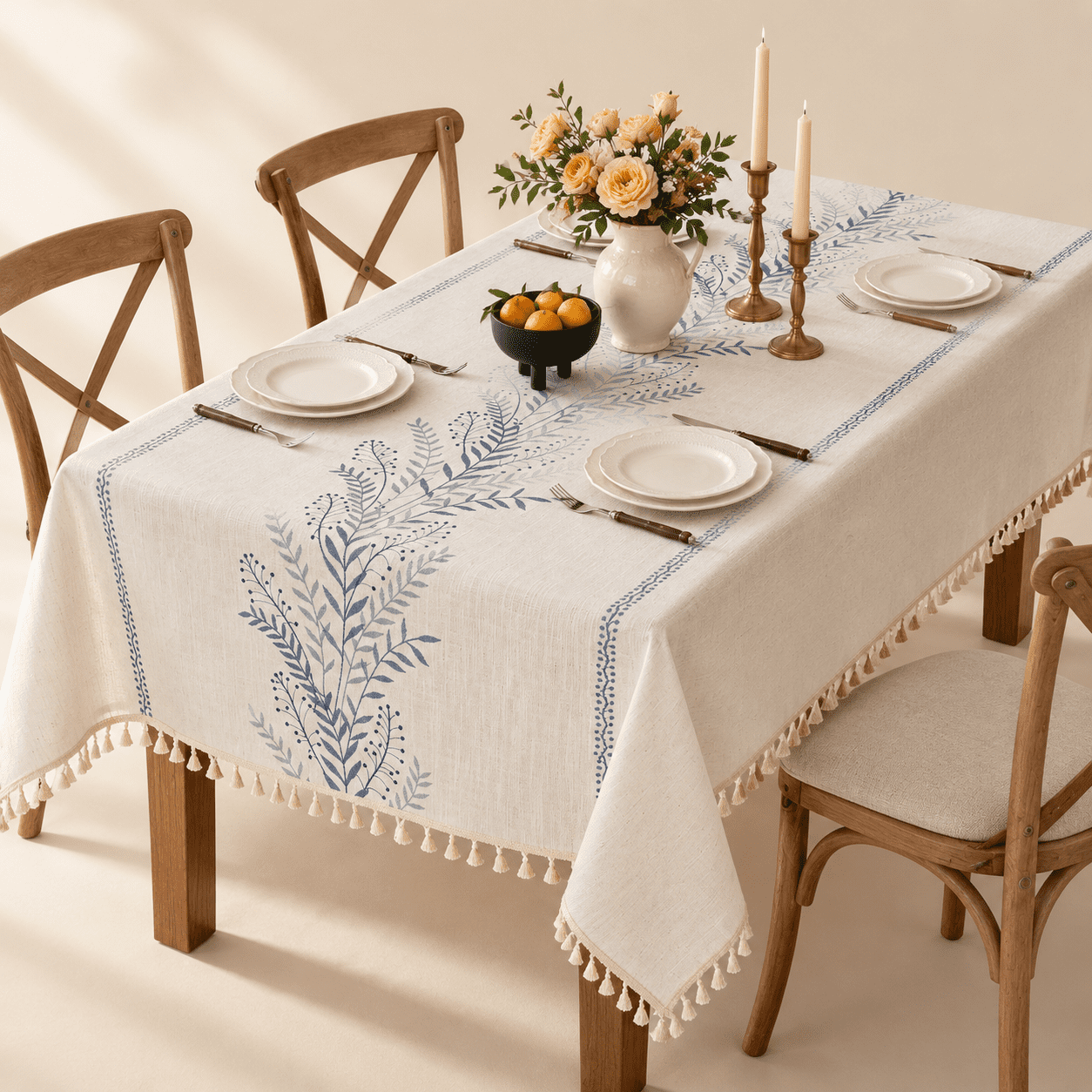 Rustic Waterproof Linen Tablecloth Heavy Weight Fern Embroidery Table ...