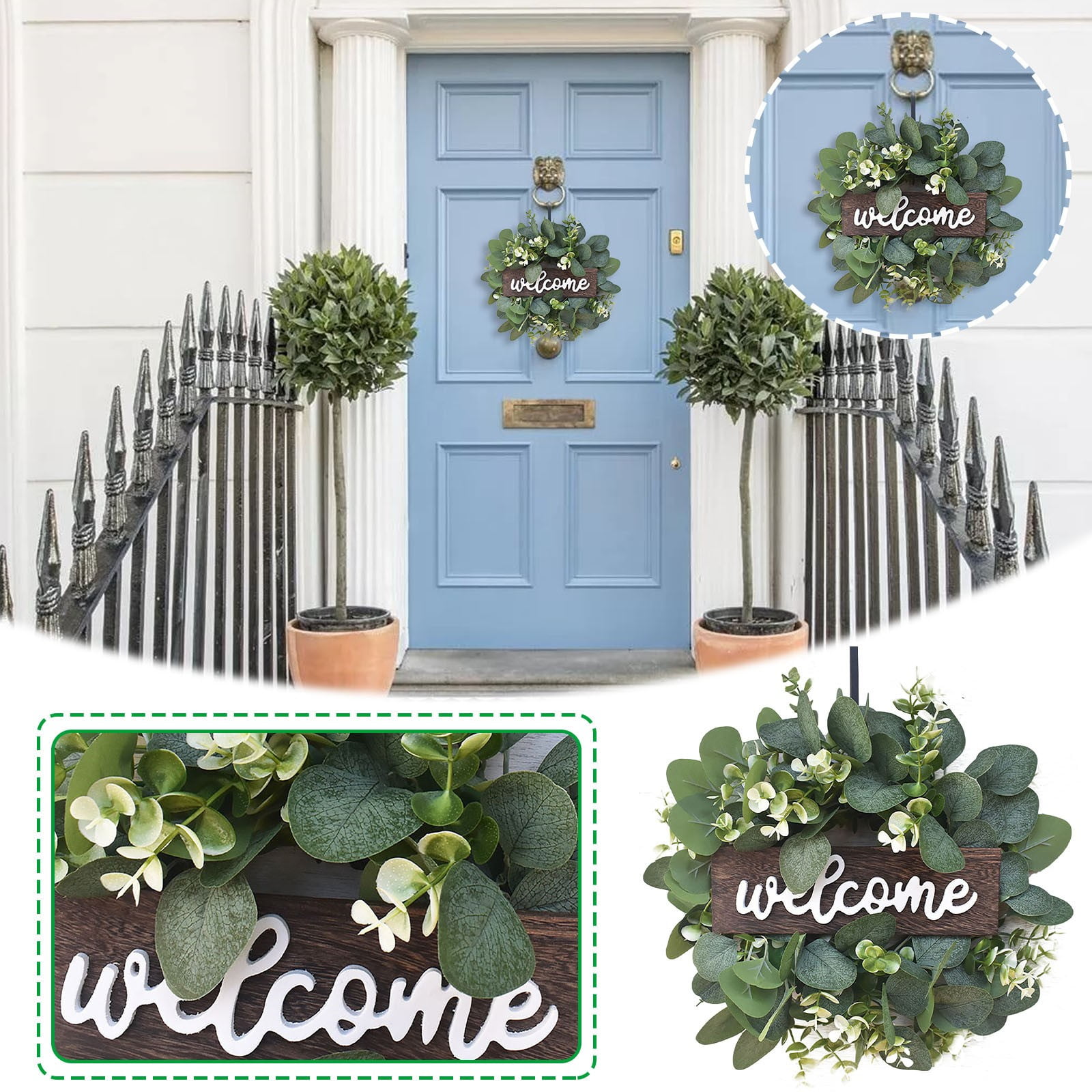 Rustic Welcome Wreath with Eucalyptus and White Flowers, Farmhouse ...
