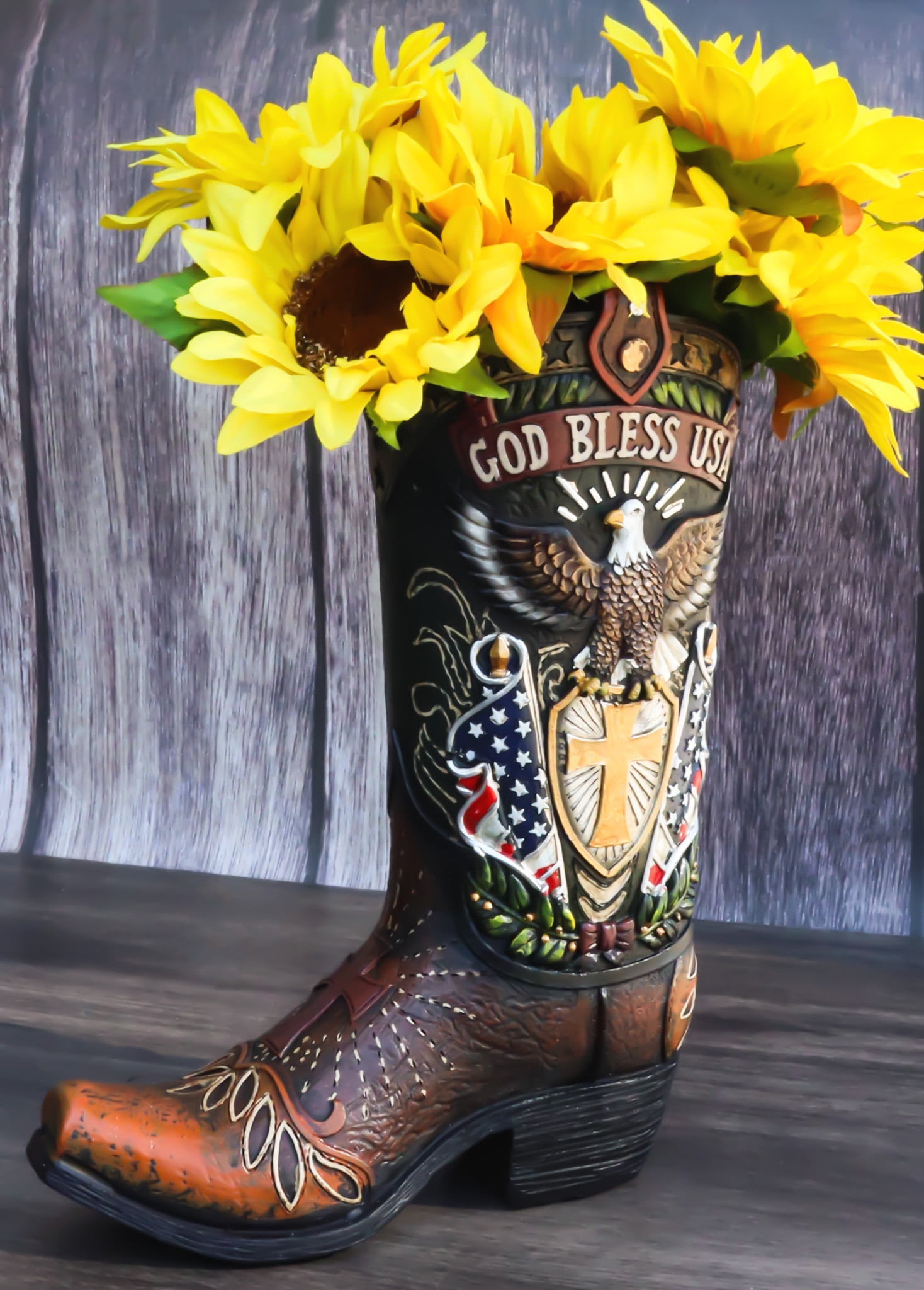 Rustic Western American Flag God Bless USA Eagle Seal Cowboy Boot Vase ...