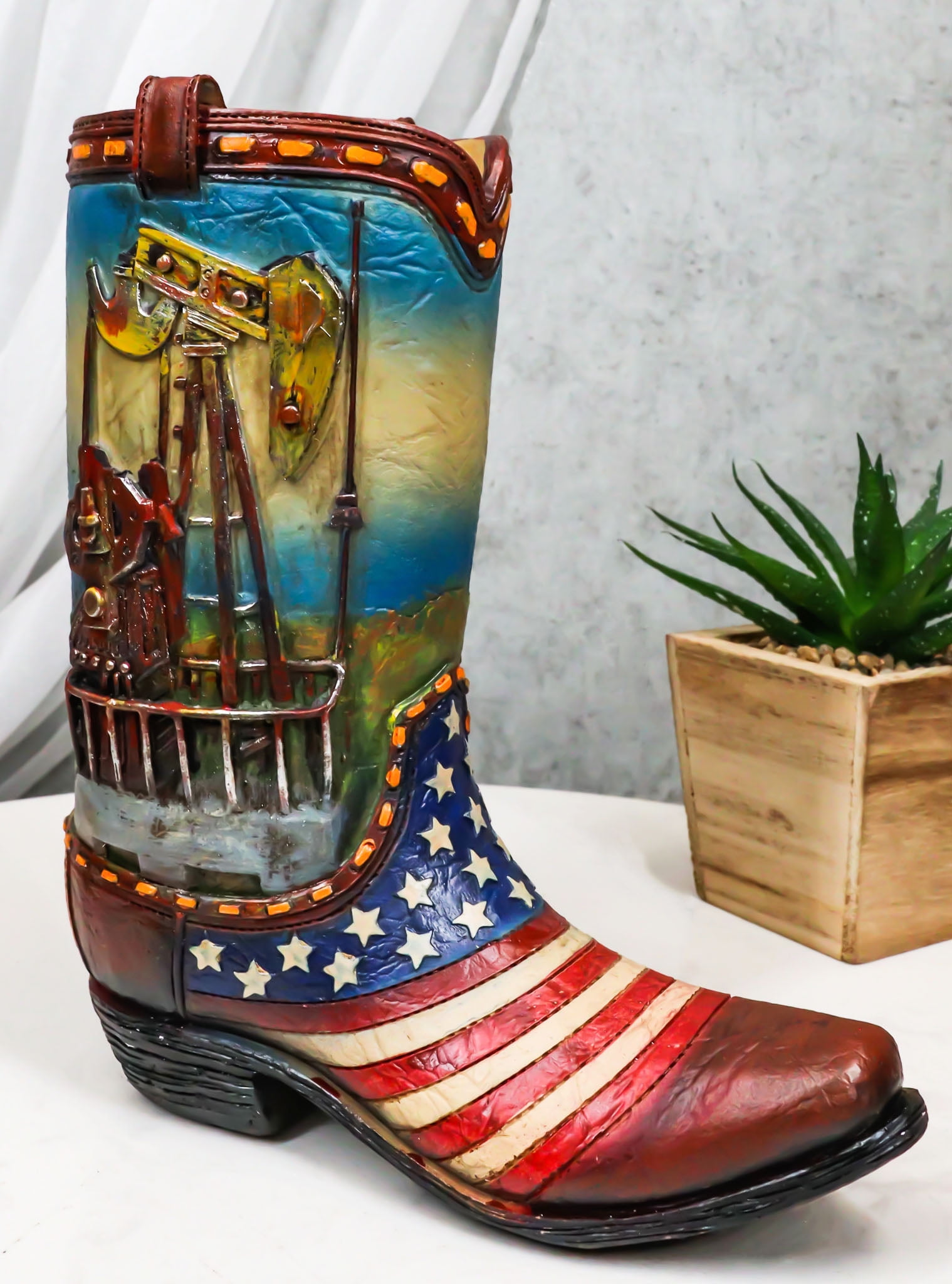Rustic Western American USA Flag With Oil Derrick Cowboy Boot Money ...