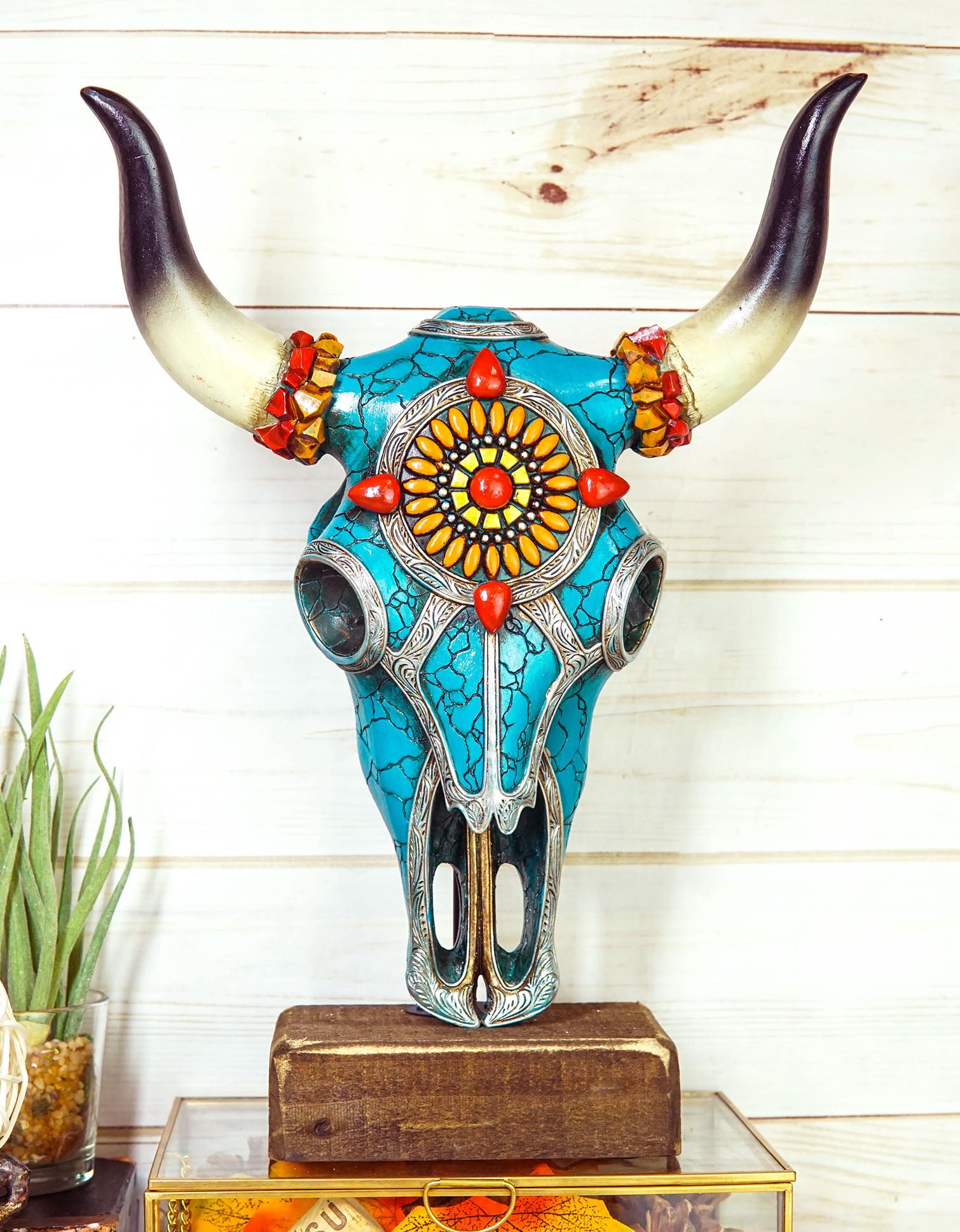 Rustic Western Aztec Mosaic Turquoise Cow Steer Bull Skull Desktop ...