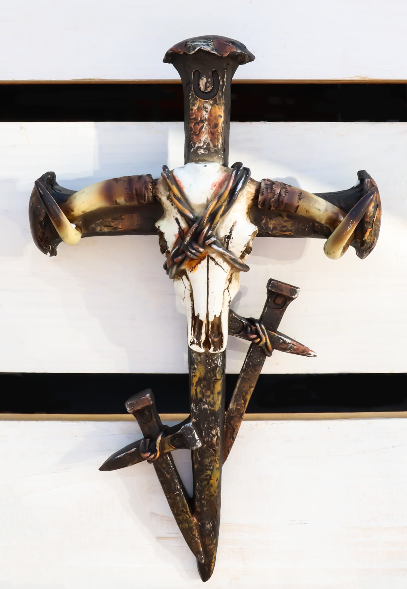 Rustic Western Barbed Wires Cow Skull With 3 Spike Nails Crosses Wall ...