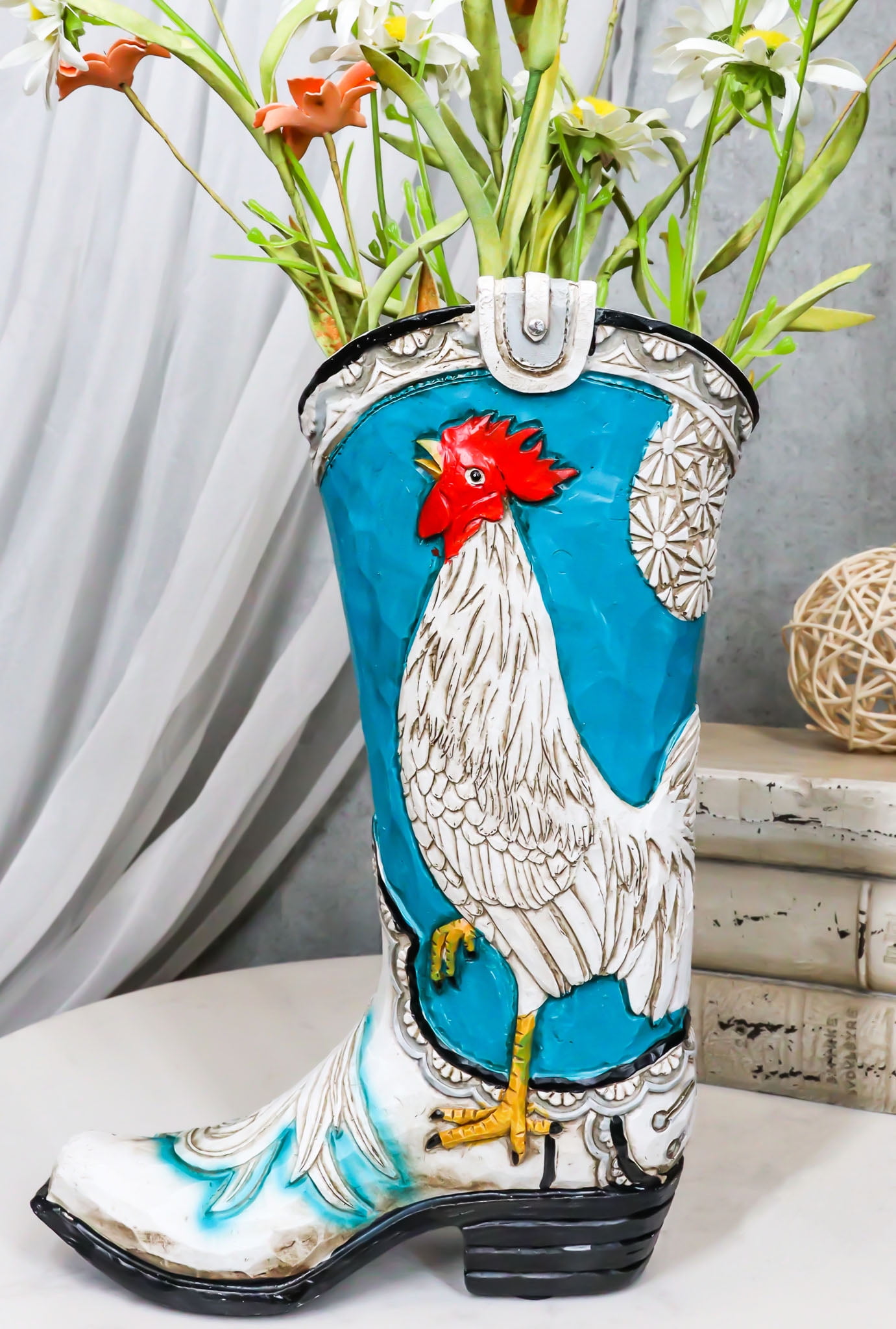 Rustic Western Blue Turquoise White Breasted Rooster Cowboy Boot Vase ...