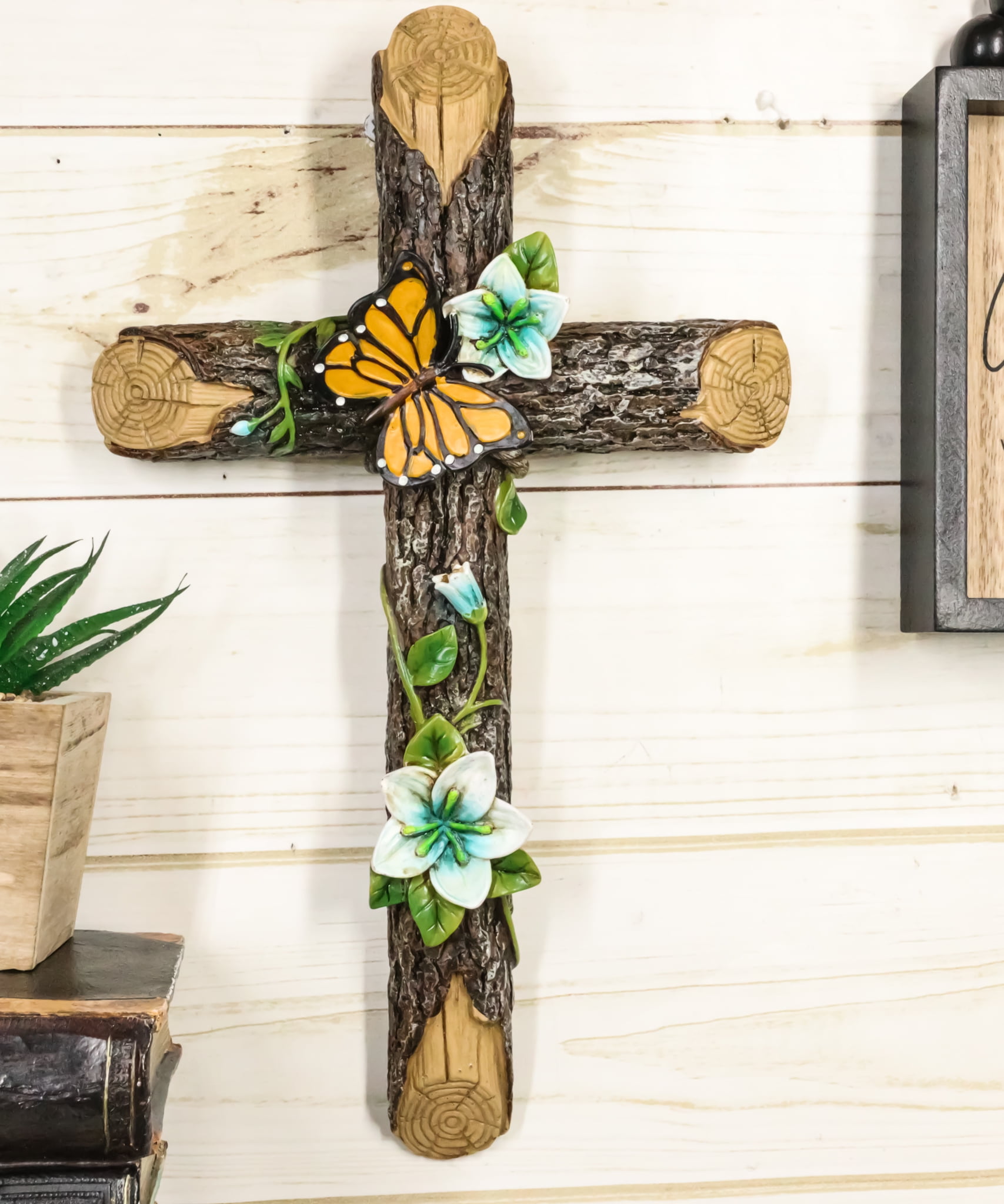 Rustic Western Butterfly Flitting On Flower Vines Faux Wooden Bark Wall ...