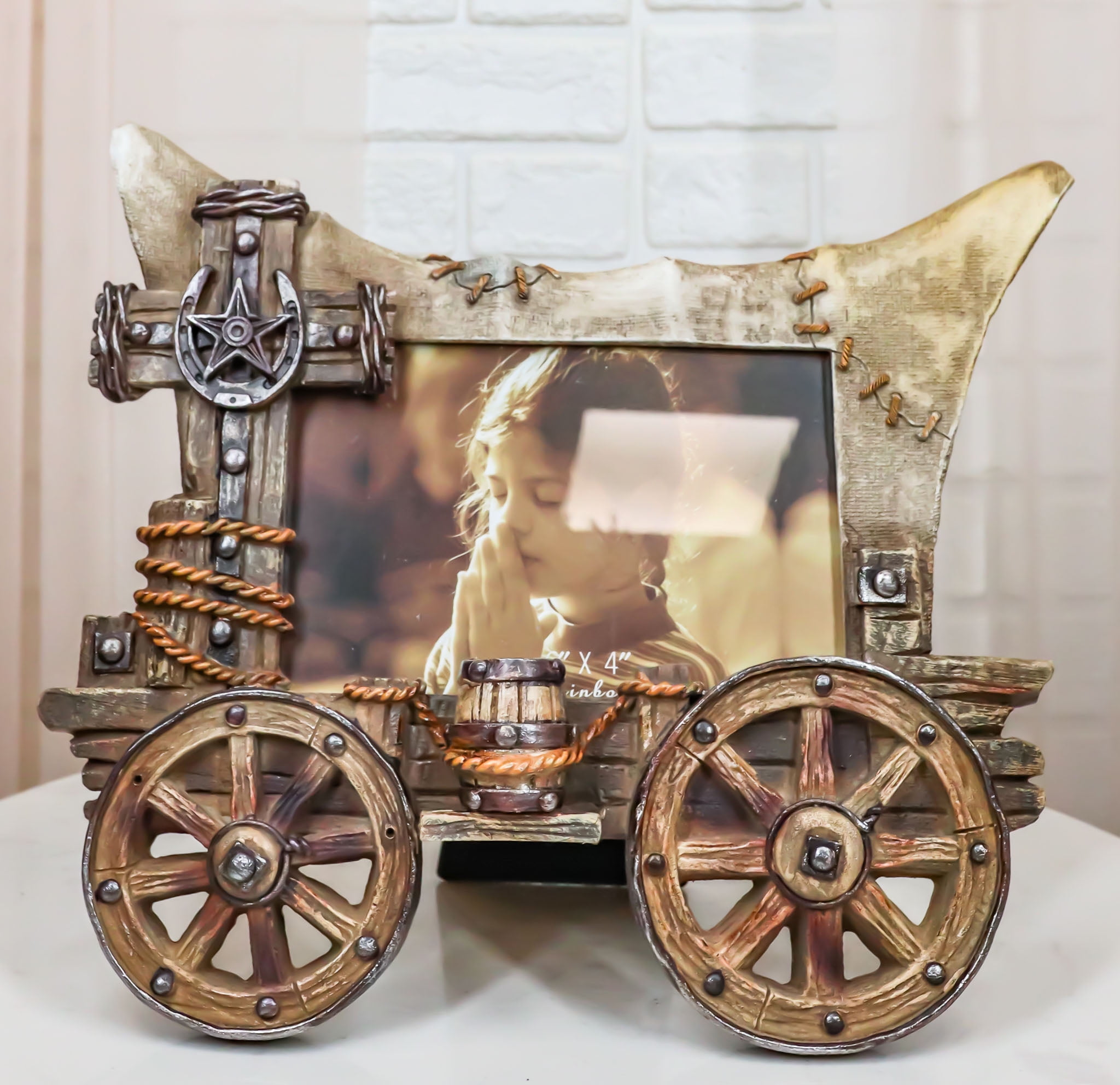 Rustic Western Covered Wagon With Wheels And Horseshoe Cross 6"X4 ...