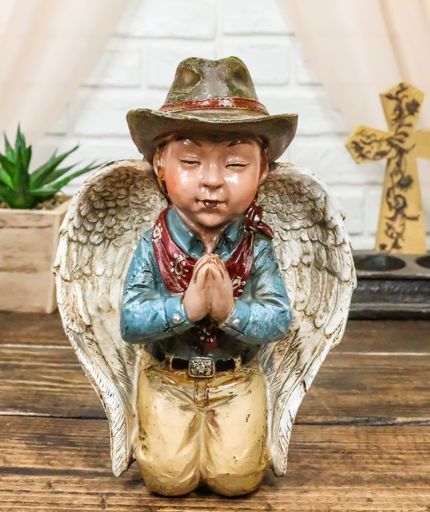 Rustic Western Cowboy Angel Wearing Hat And Red Scarf Praying Figurine ...