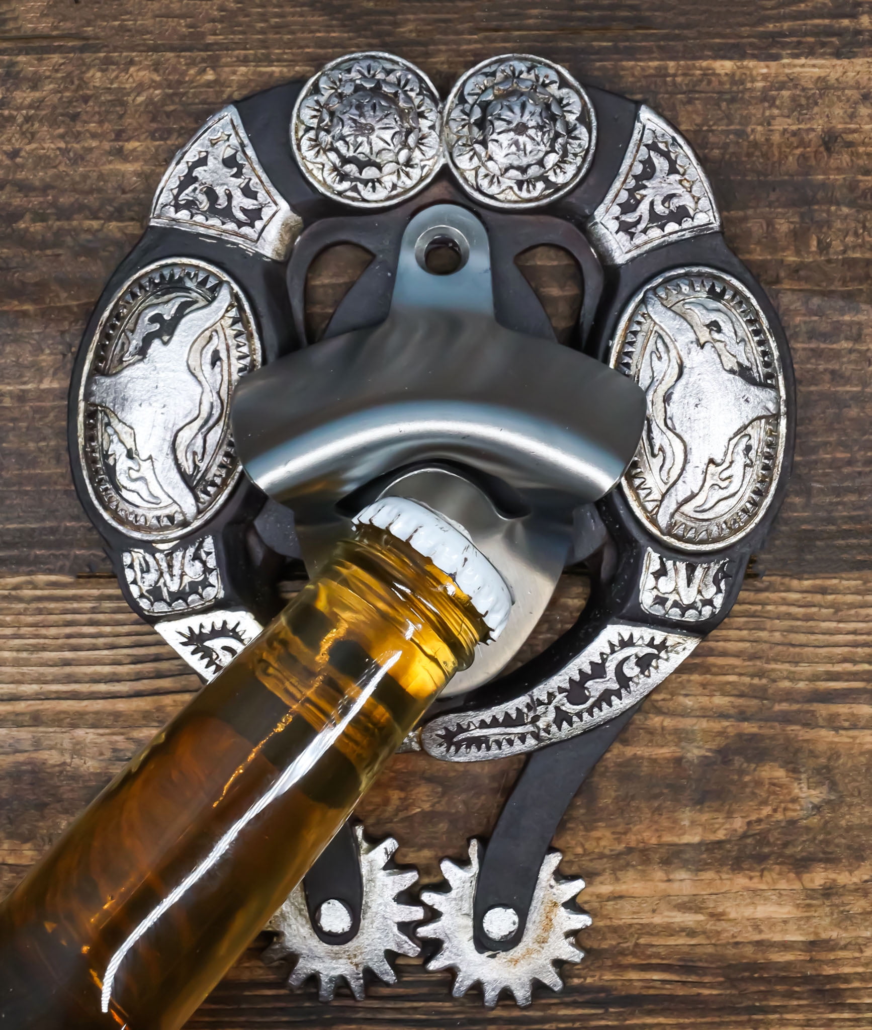 Rustic Western Cowboy Boot Spur With Silver Longhorn Conchos Wall ...