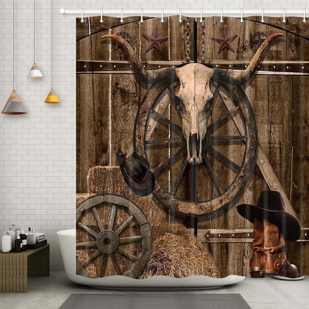 Rustic Western Cowboy Shower Curtain,Farmhouse Brown Barn Door Bull ...