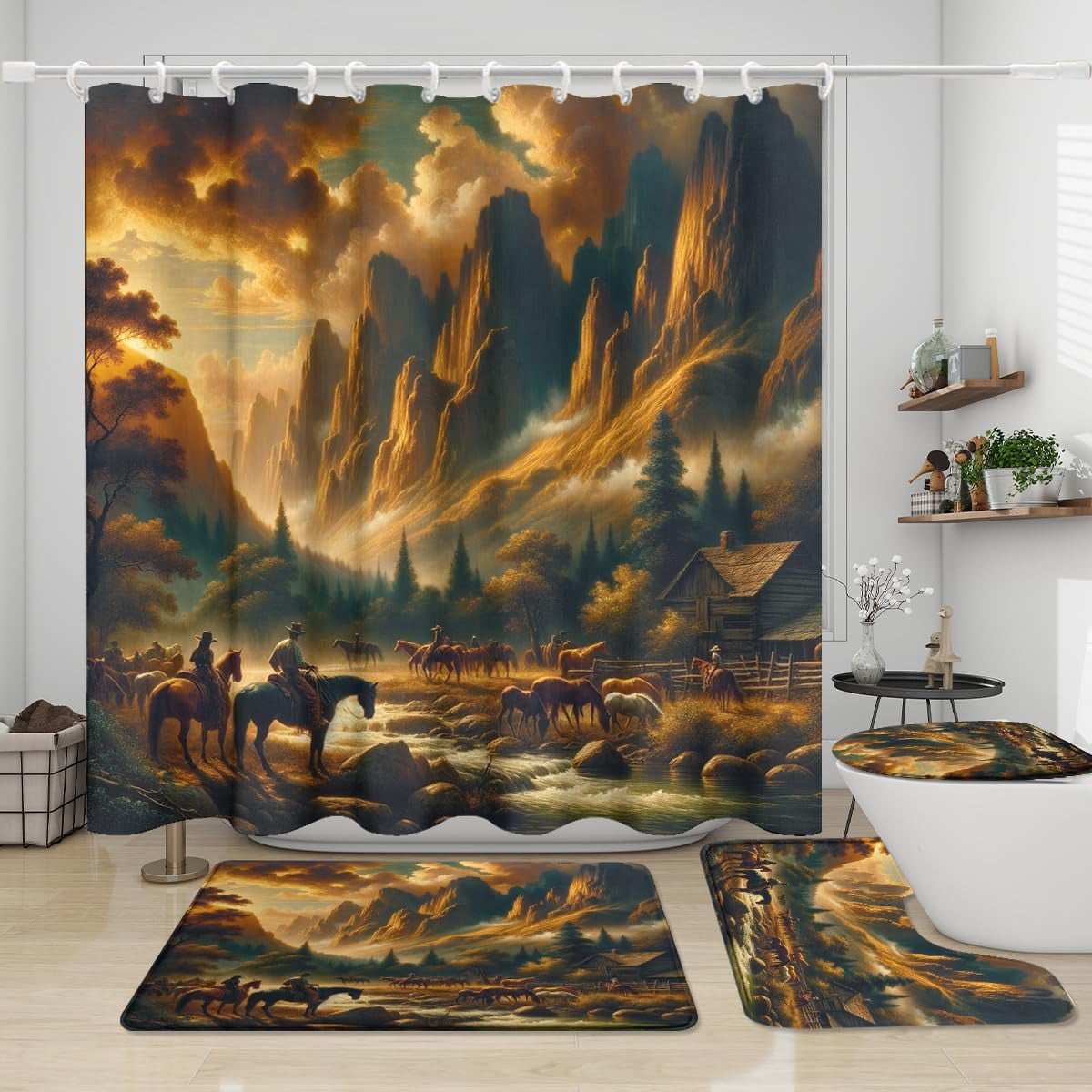 Rustic Western Cowboys Shower Curtain Sets 4 Piece,Vintage Cabin Wild ...