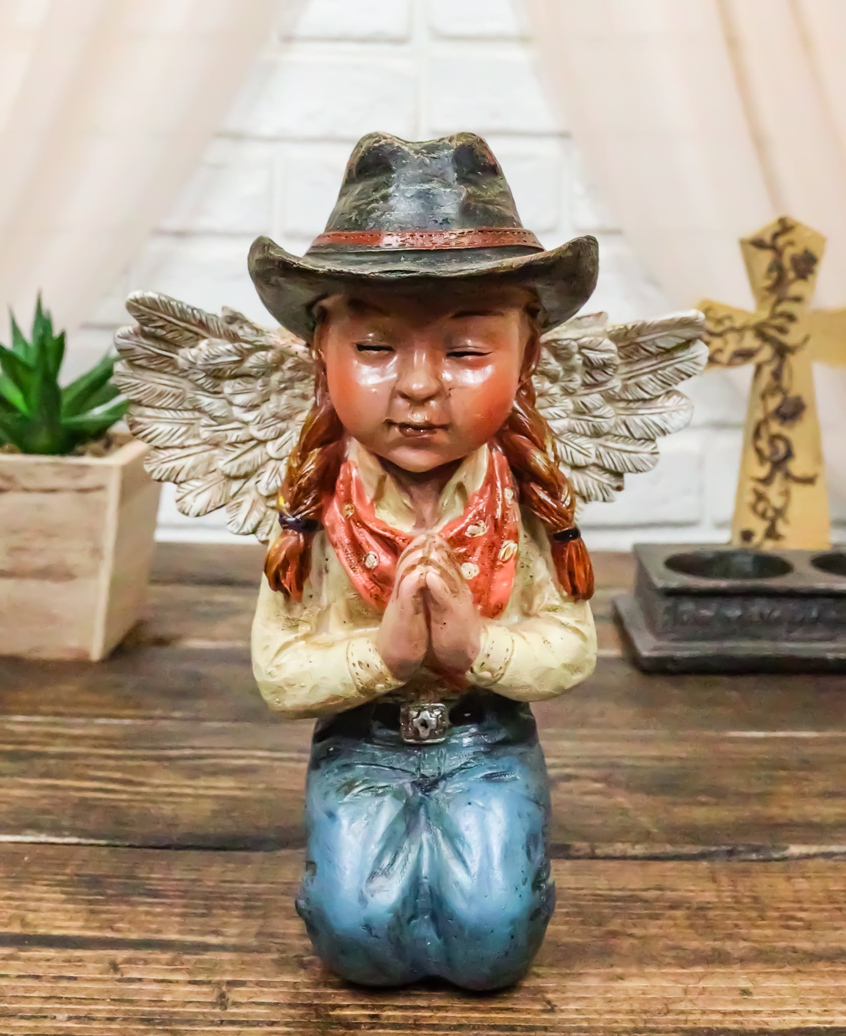 Rustic Western Cowgirl Angel Wearing Hat And Jean Praying On Her Knees ...
