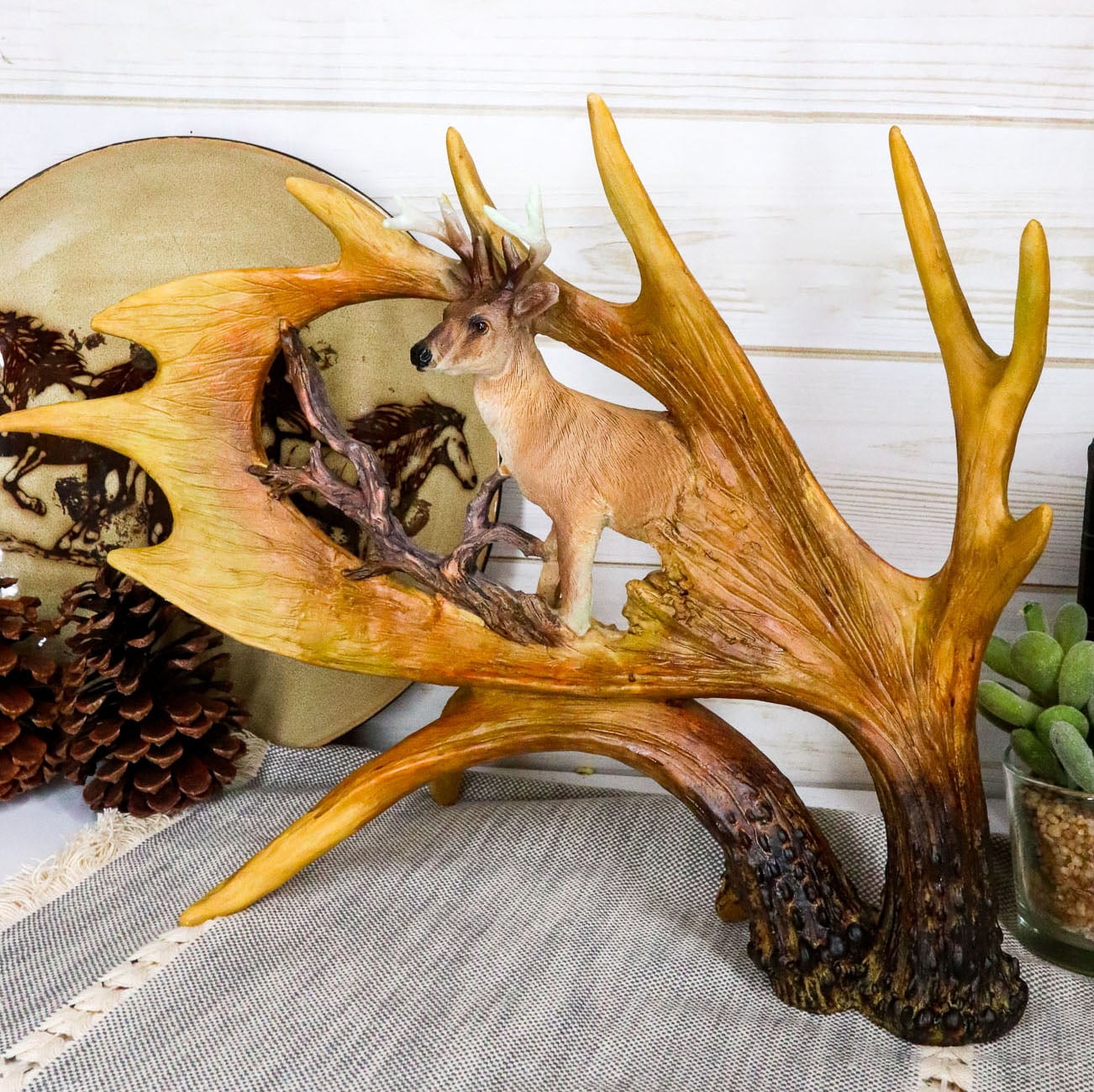 Rustic Western Emperor Moose Antlers With Buck Deer Stag Faux Wood ...