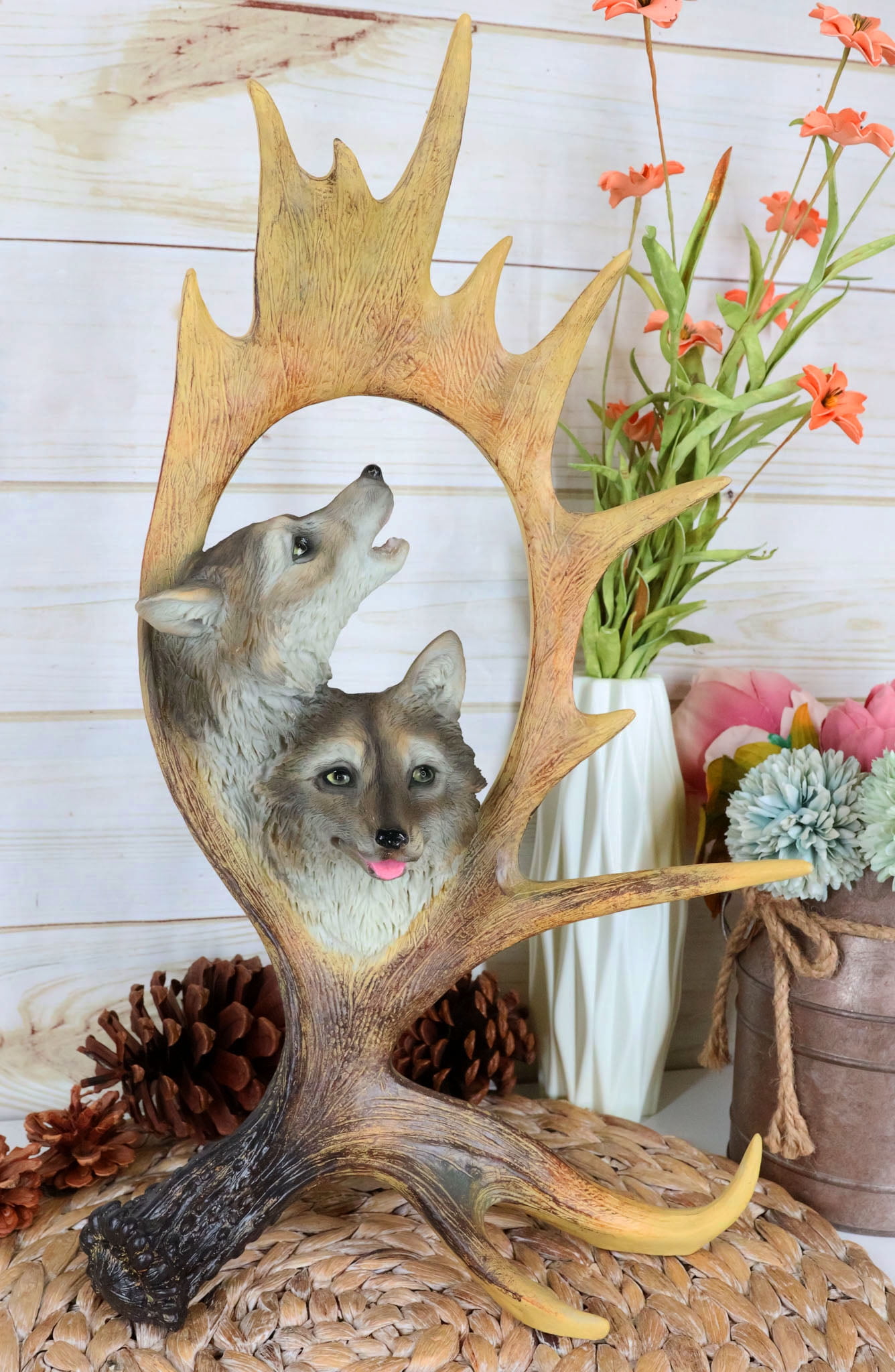 Rustic Western Emperor Moose Deer Antler With Howling Wolves Family ...