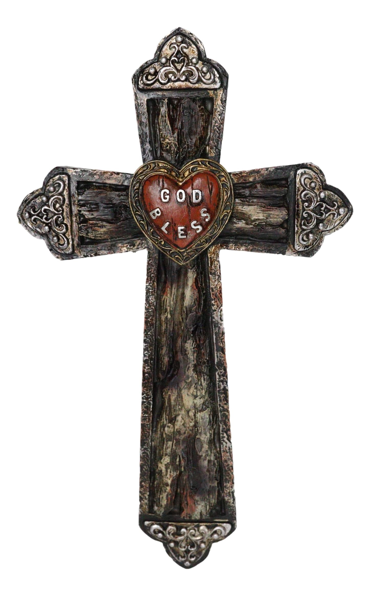 Rustic Western Faux Distressed Wood God Bless Heart Silver Scroll Wall ...