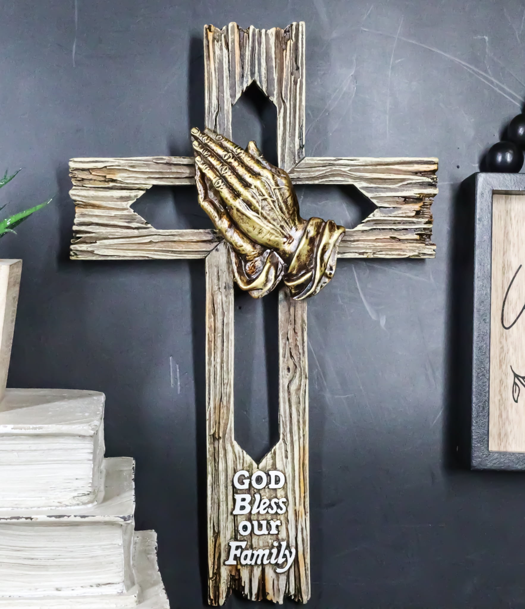 Rustic Western Faux Wooden God Bless Our Family Praying Hands Rugged ...