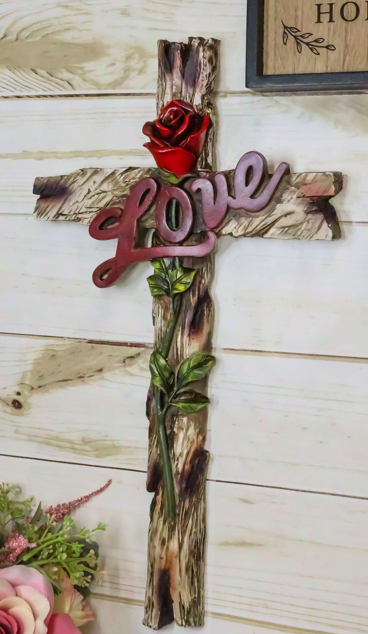 Rustic Western Faux Wooden Inspirational Love With Red Rose Stalk Wall ...