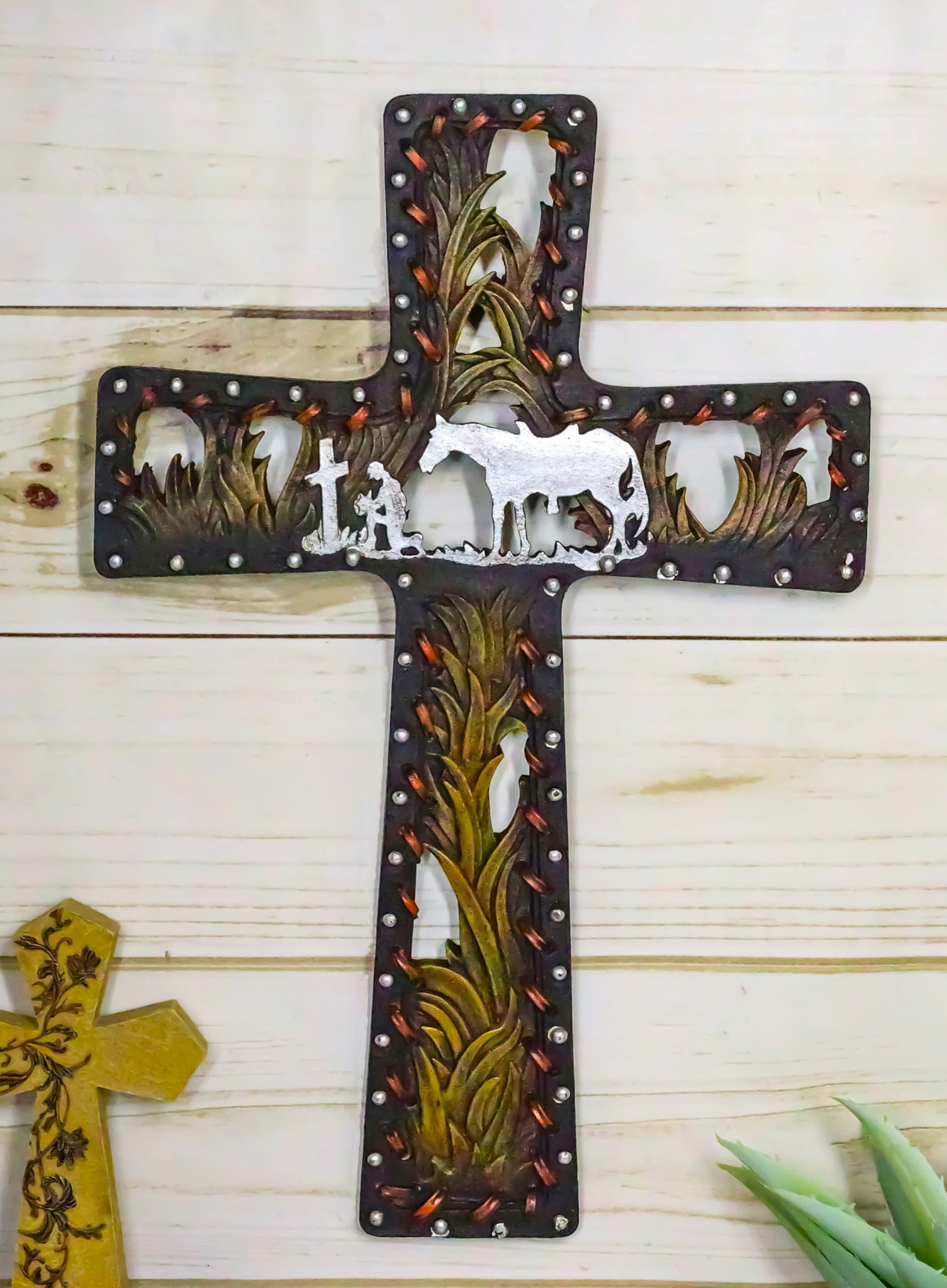 Rustic Western Kneeling Cowboy With Horse In Prayer Faux Leather Wall ...