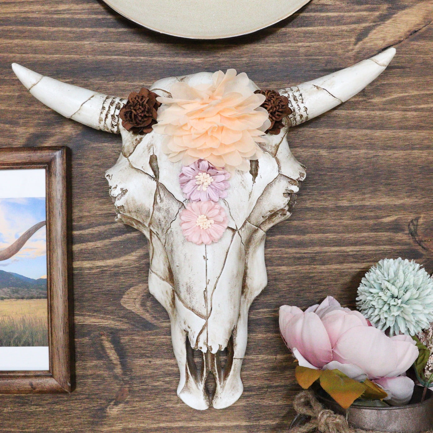 Rustic Western Off White Cow Skull With Fabric Pastel Colors Flowers ...