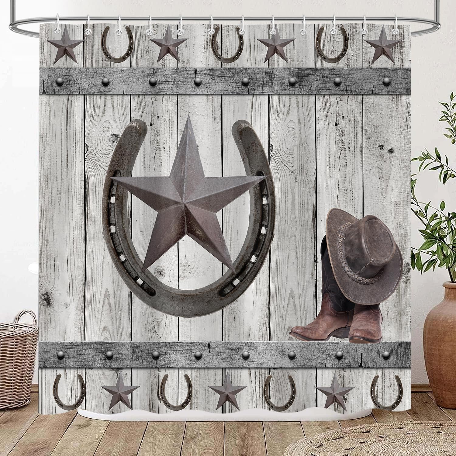 Rustic Western Shower Curtain, Vintage Rusty Horseshoe Boots on Gray ...