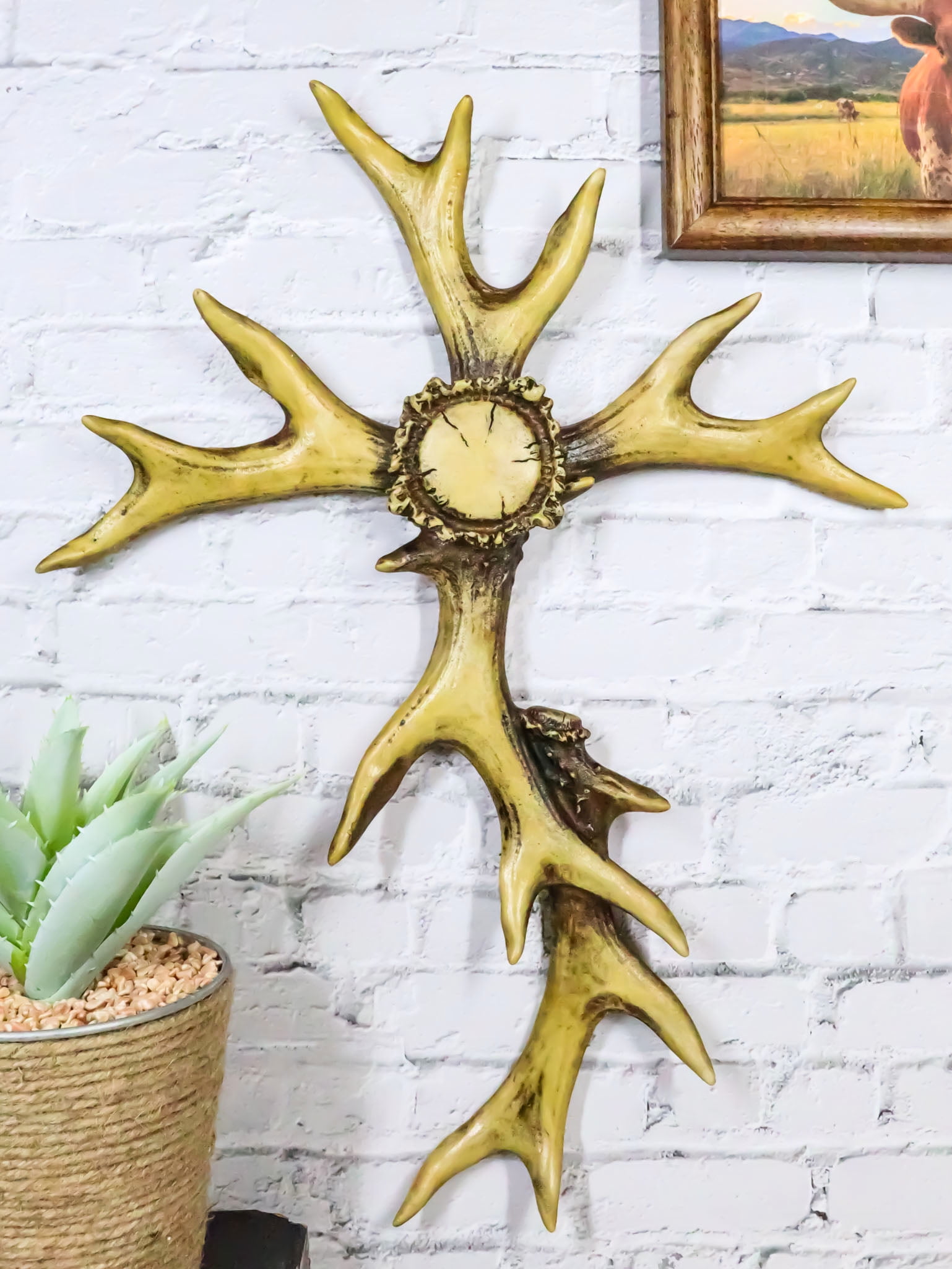 Rustic Western Stag Elk Deer Bone Antlers Burr Center Wall Cross Cabin ...