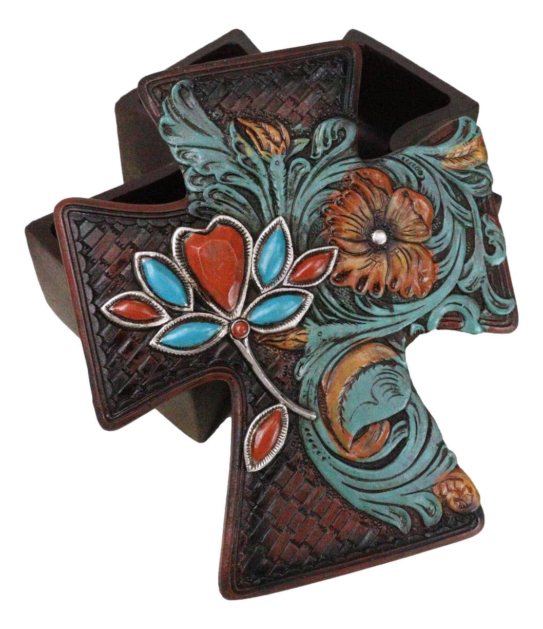 Rustic Western Turquoise Floral Scroll Faux Leather Cross Jewelry ...