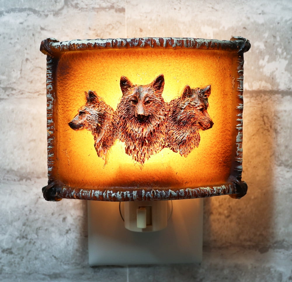 Rustic Western Wolfpack Gray Wolves Faux Birchwood Wall Plug In Night ...