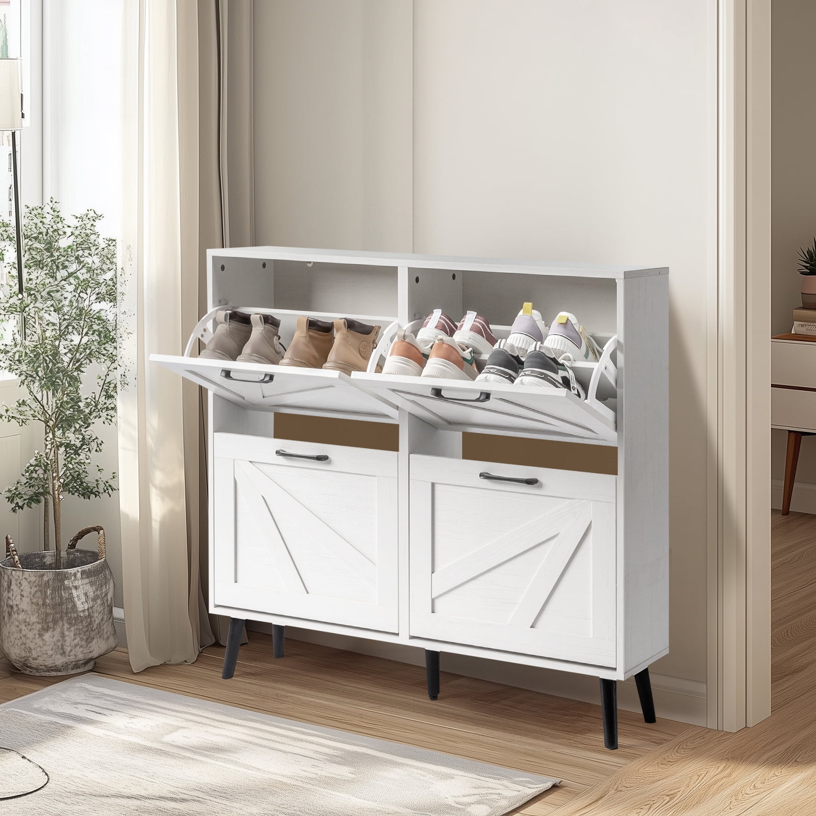 Rustic White Barn Door Shoe Cabinet 4 Flip Top Compartments Triple ...